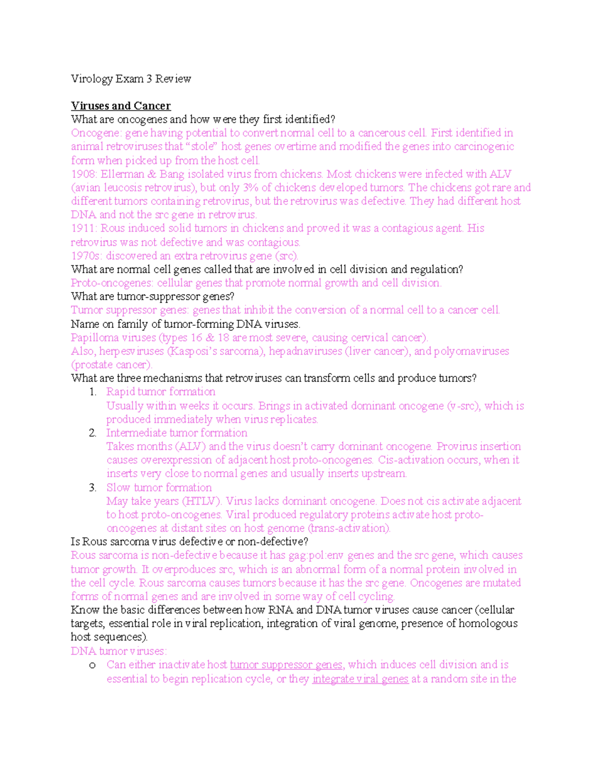 Virology Exam 3 Review - Viruses and Cancer - Virology Exam 3 Review ...