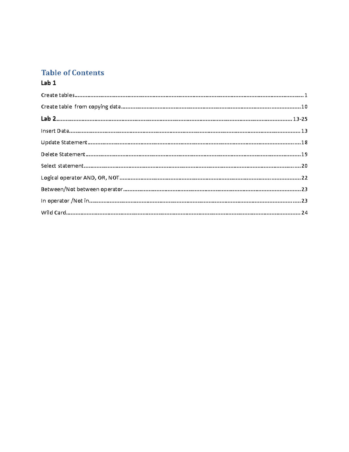 Labwork dbms - lAB REPORT ON - Table of Contents Lab Create - Studocu