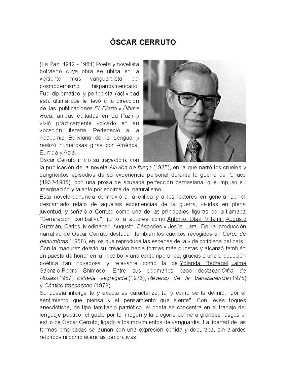 Óscar Cerruto - ÓSCAR CERRUTO (La Paz, 1912 - 1981) Poeta y novelista ...