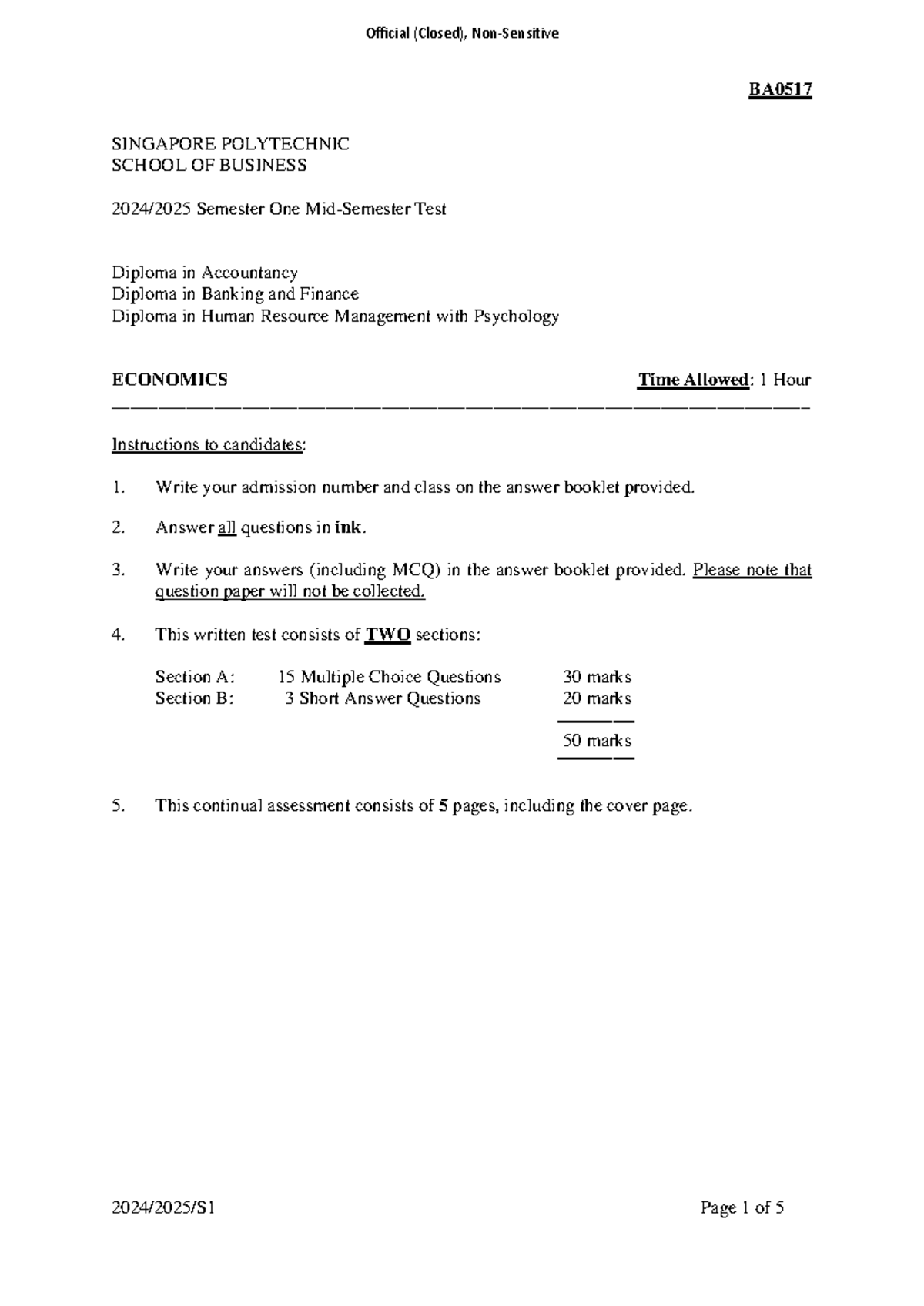 BA0517 24-25 1 MST - Practice papers - BA051 7 SINGAPORE POLYTECHNIC SCHOOL OF BUSINESS 2024 / ...