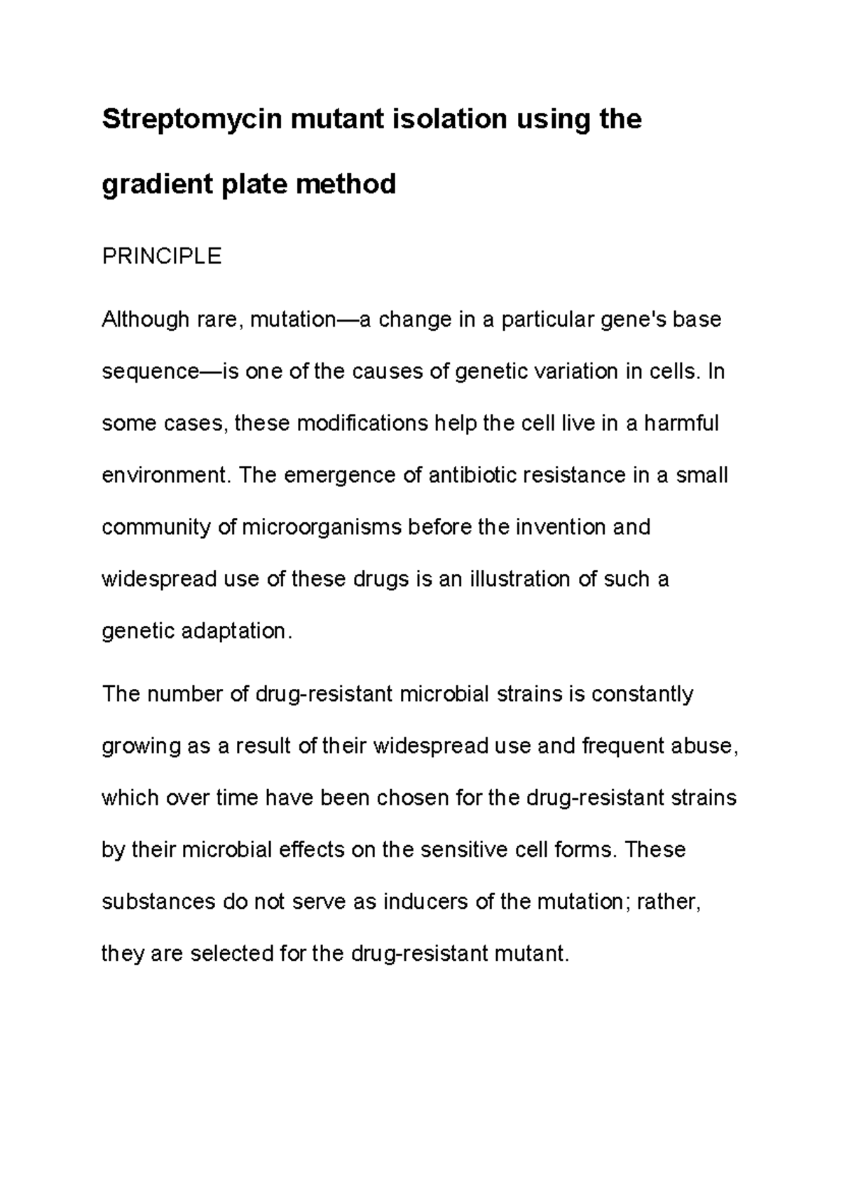 Streptomycin mutant isolation using the gradient plate method ...