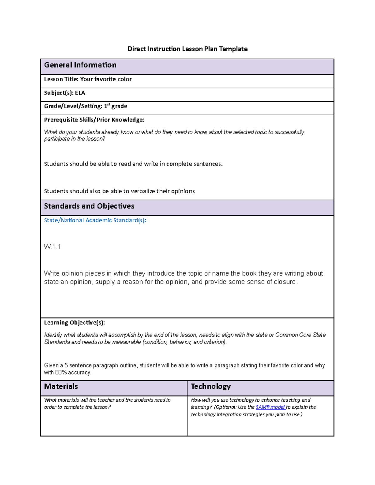 Language arts task 1 - Direct Instruction Lesson Plan Template General ...