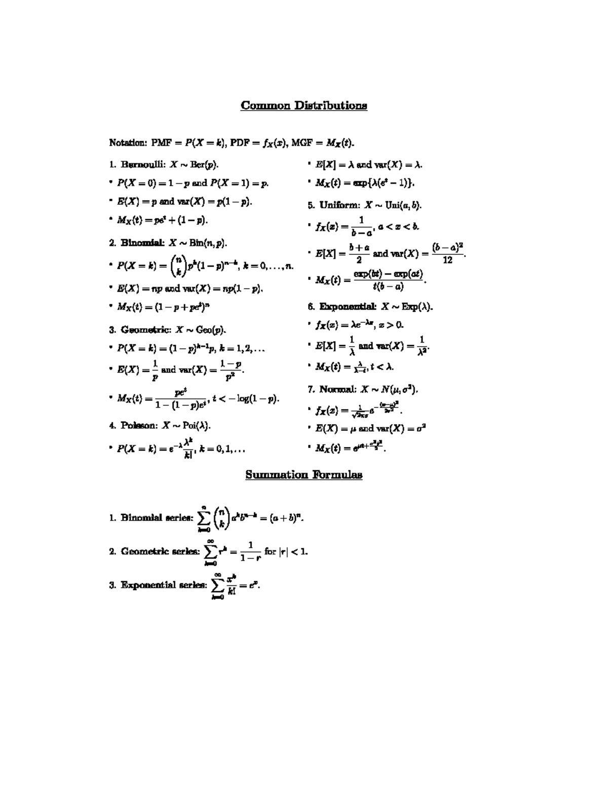Formula Sheet - Summary Mathematical Statistics - Common Distributions ...