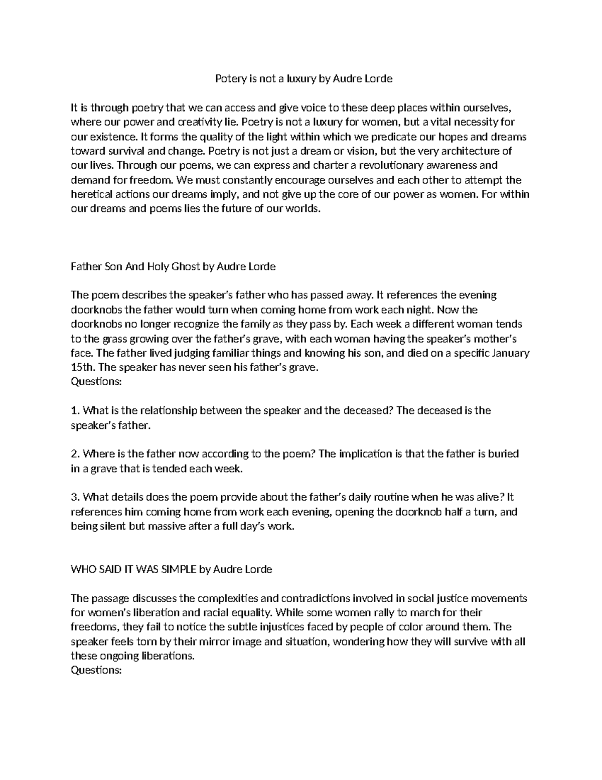 Potery is not a luxury by Audre Lorde - Poetry is not a luxury for ...