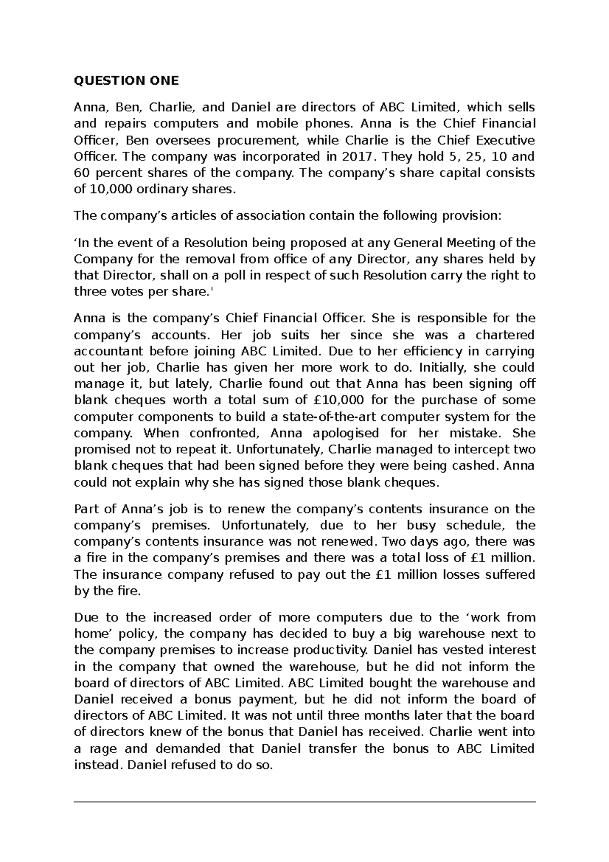 Company LAW Directors Duty - QUESTION ONE Anna, Ben, Charlie, and ...
