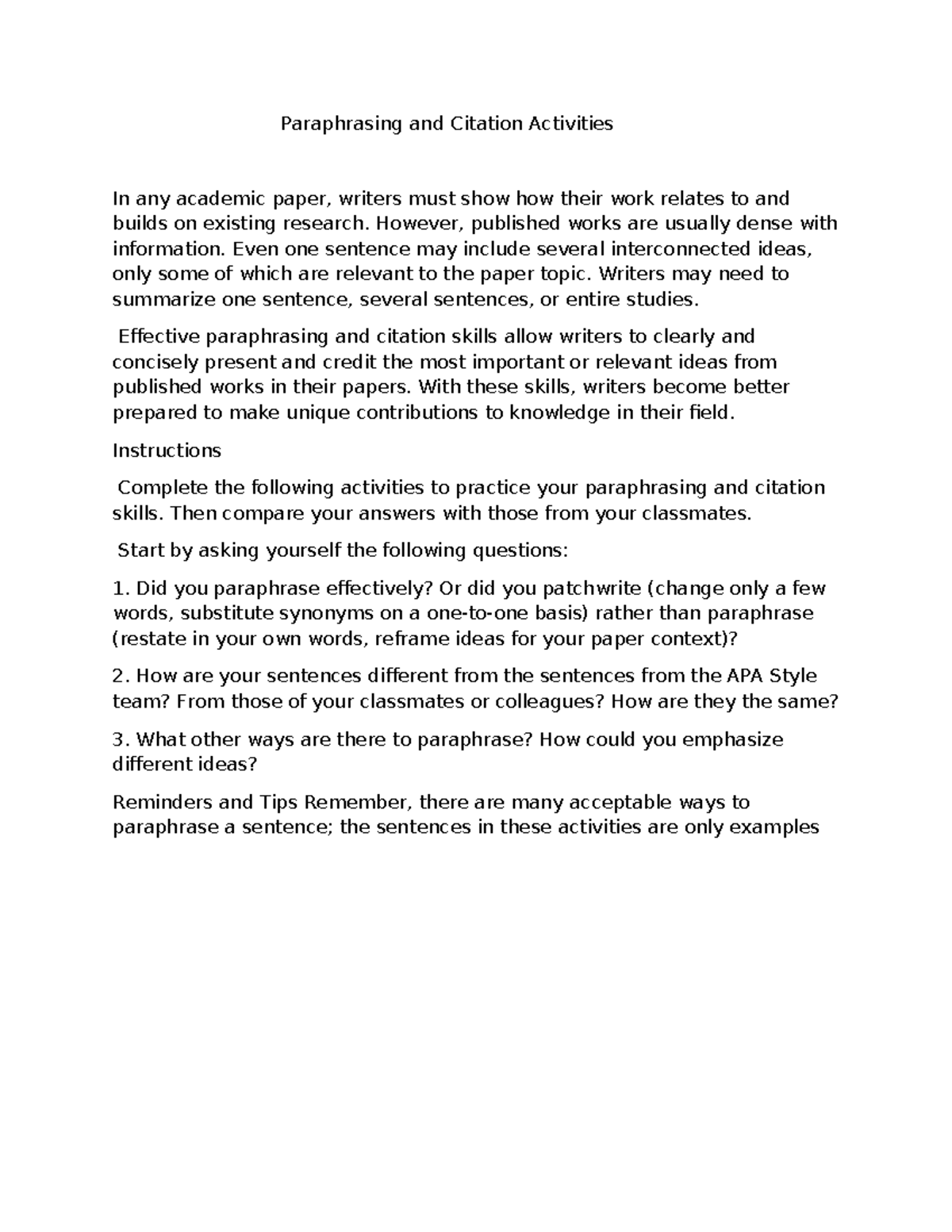 Take 3 - practice for citations and paraphrasing - Paraphrasing and ...