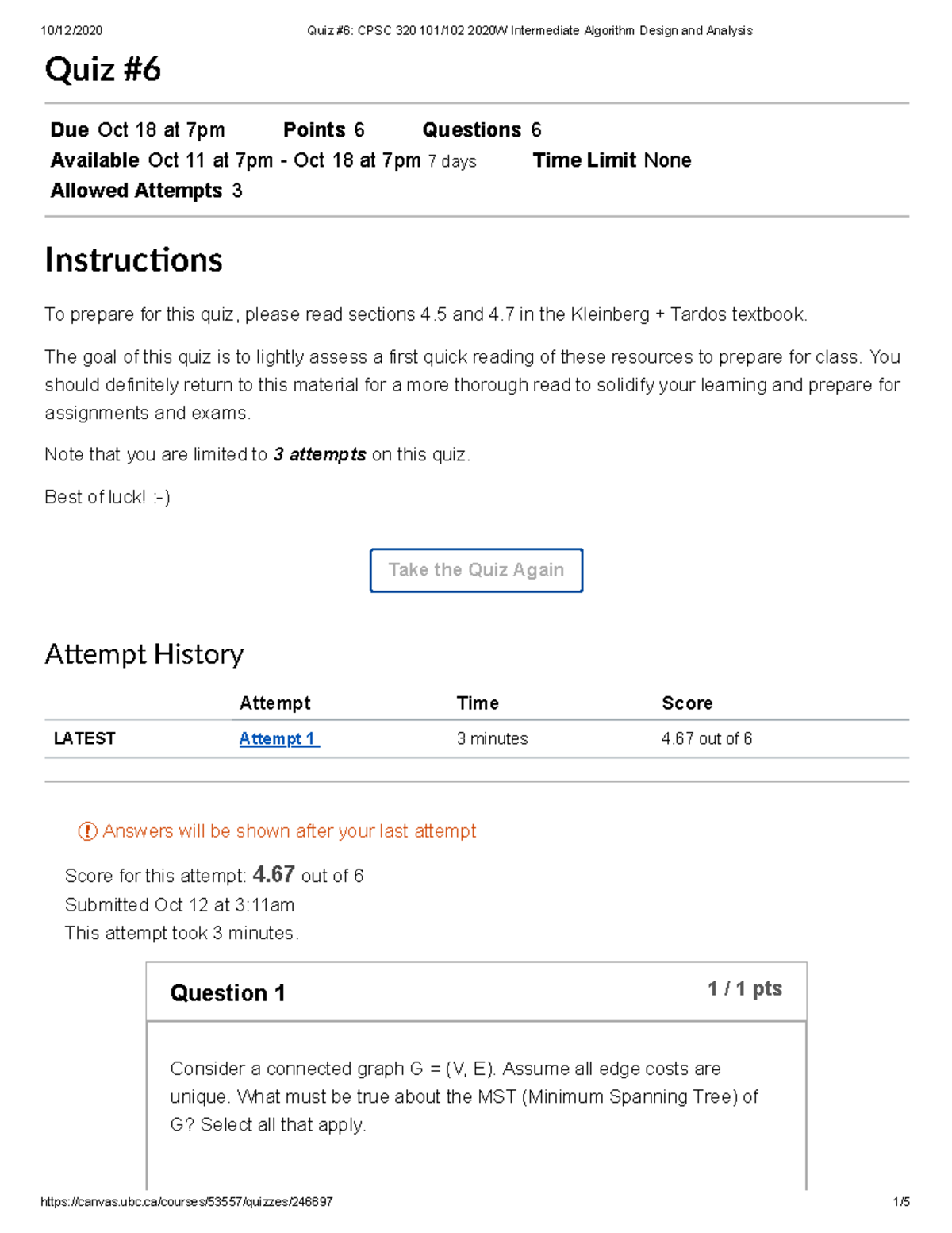 Quiz 6 Cpsc 320 101 102 2020w Intermediate Algorithm Design And Analysis Quiz Due Oct 18 At 