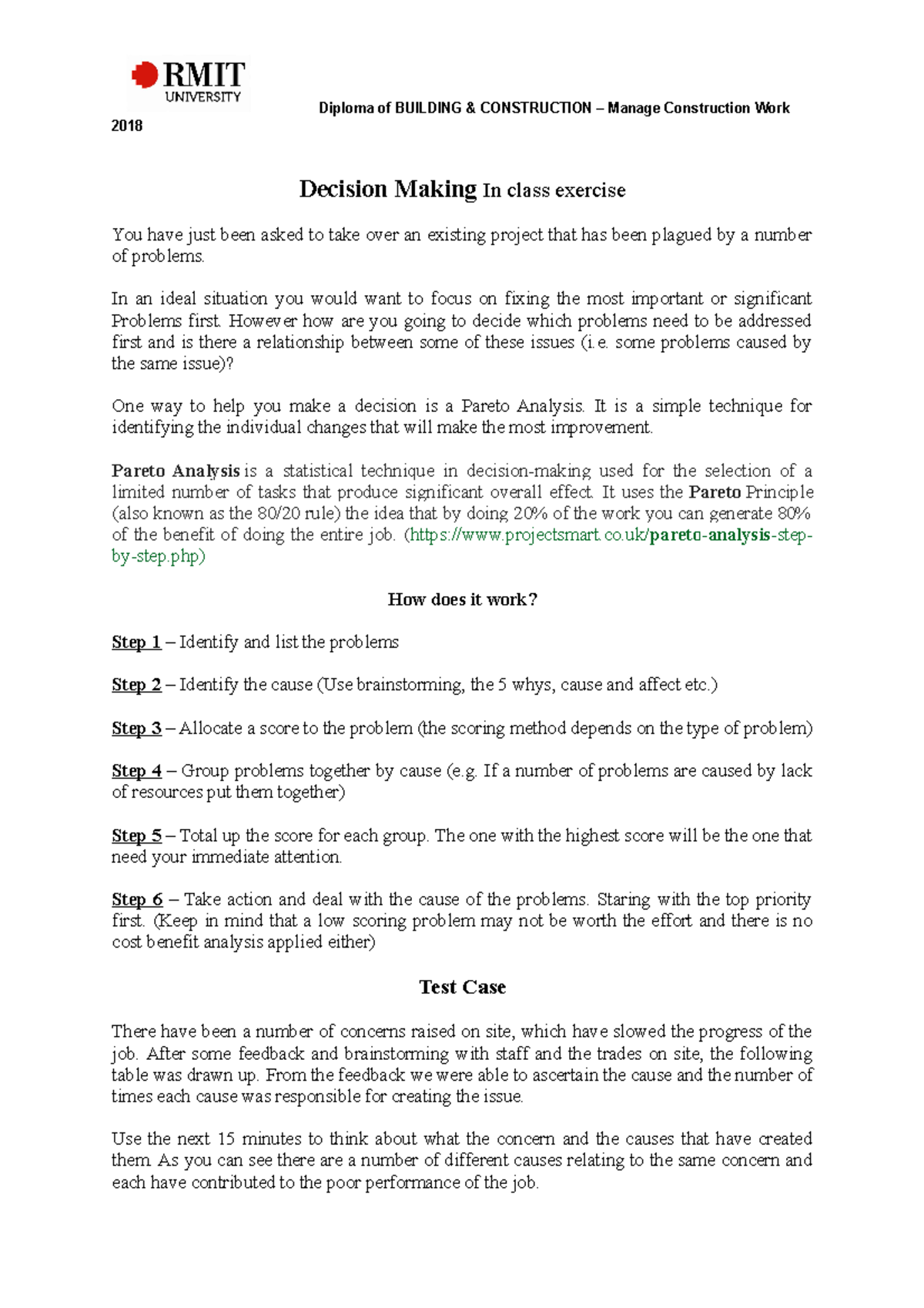 4 A Class Decision exercise - 2018 Decision Making In class exercise ...