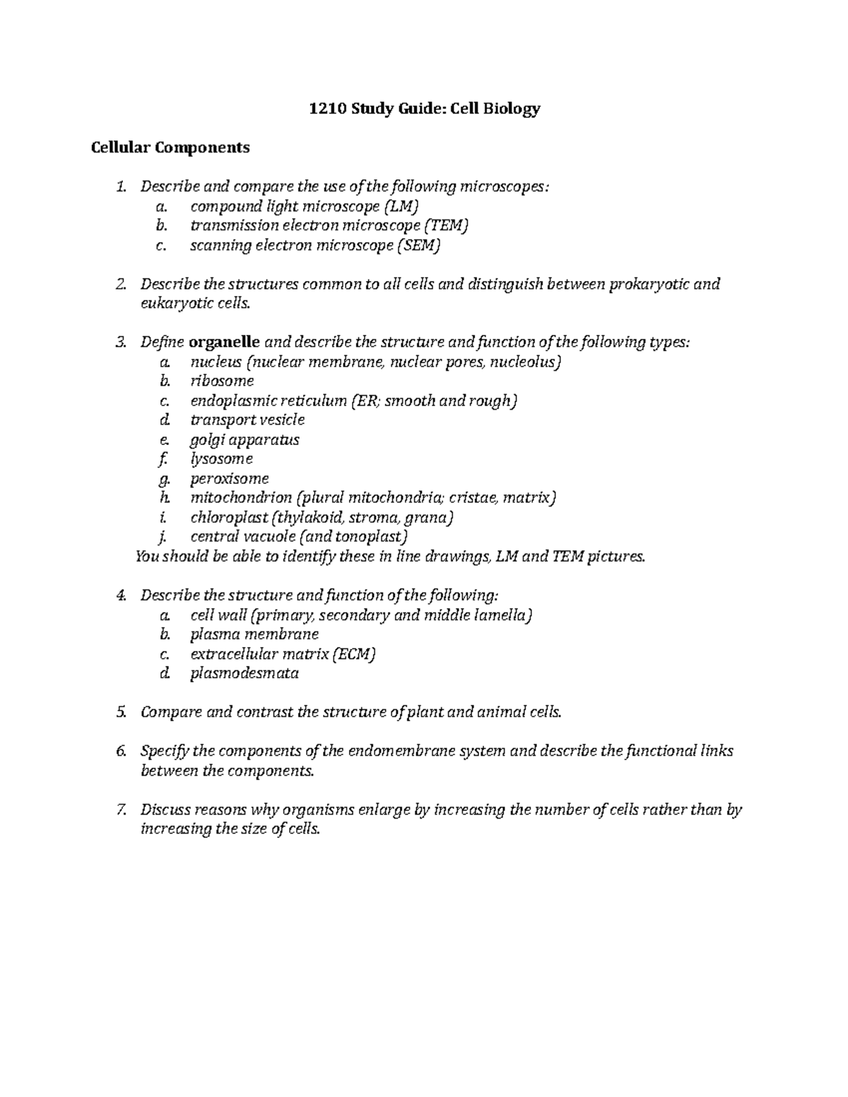 Cell Biology 2017 - 1210 Study Guide: Cell Biology Cellular Components ...