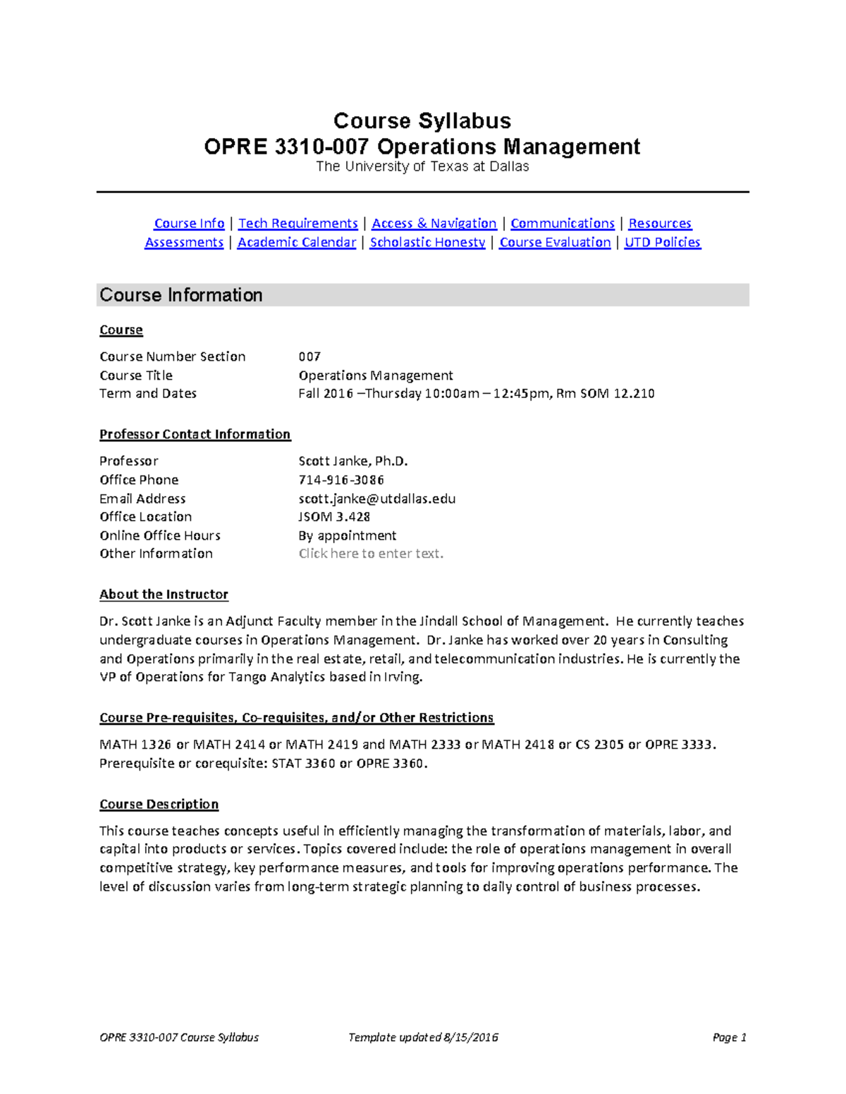 Course Syllabus OPRE 3310-007 Operations Managment - Course Syllabus OPRE 3310-007 Operations ...