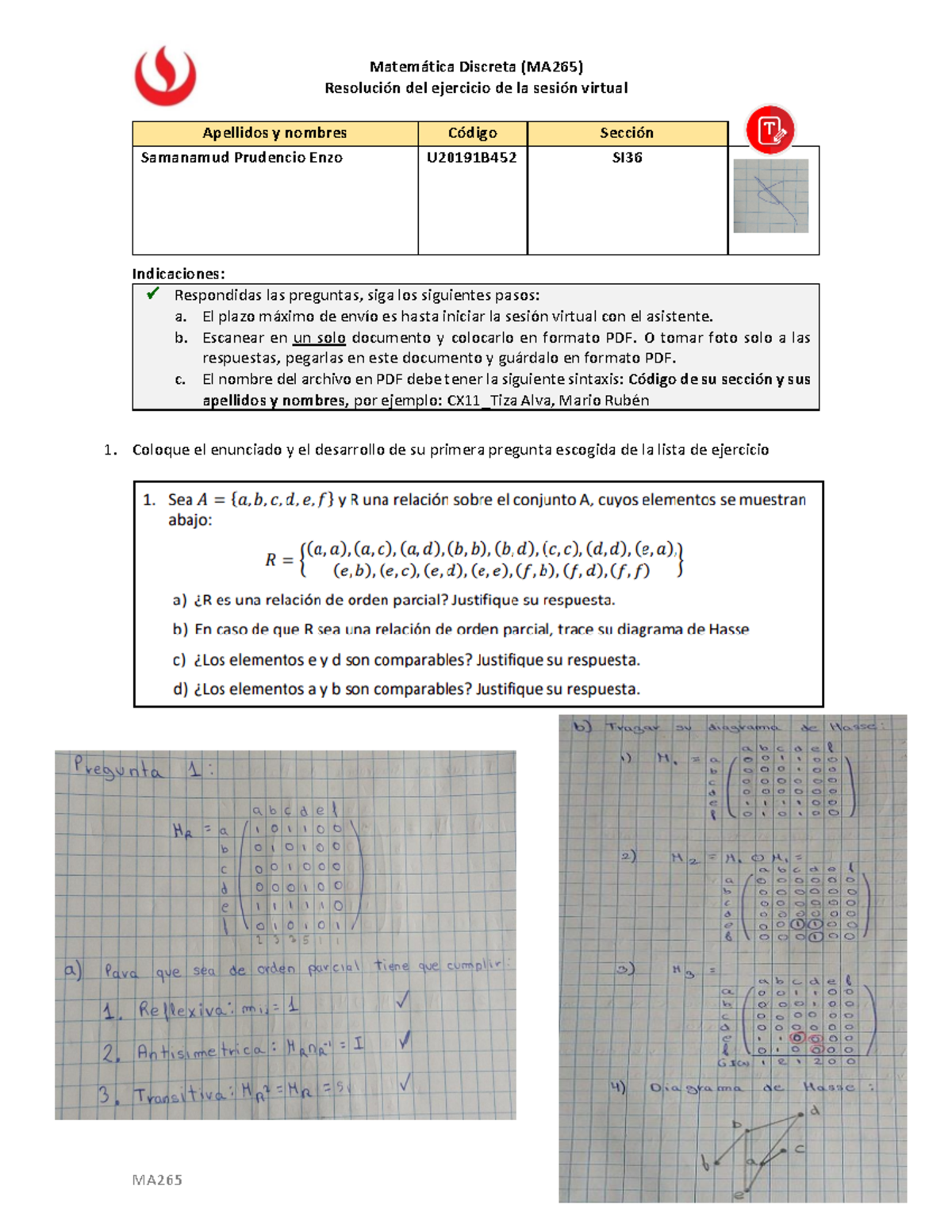 Diagrama de hasse - MA265 1 Matem·tica Discreta (MA265) ResoluciÛn del ejercicio de la sesiÛn ...