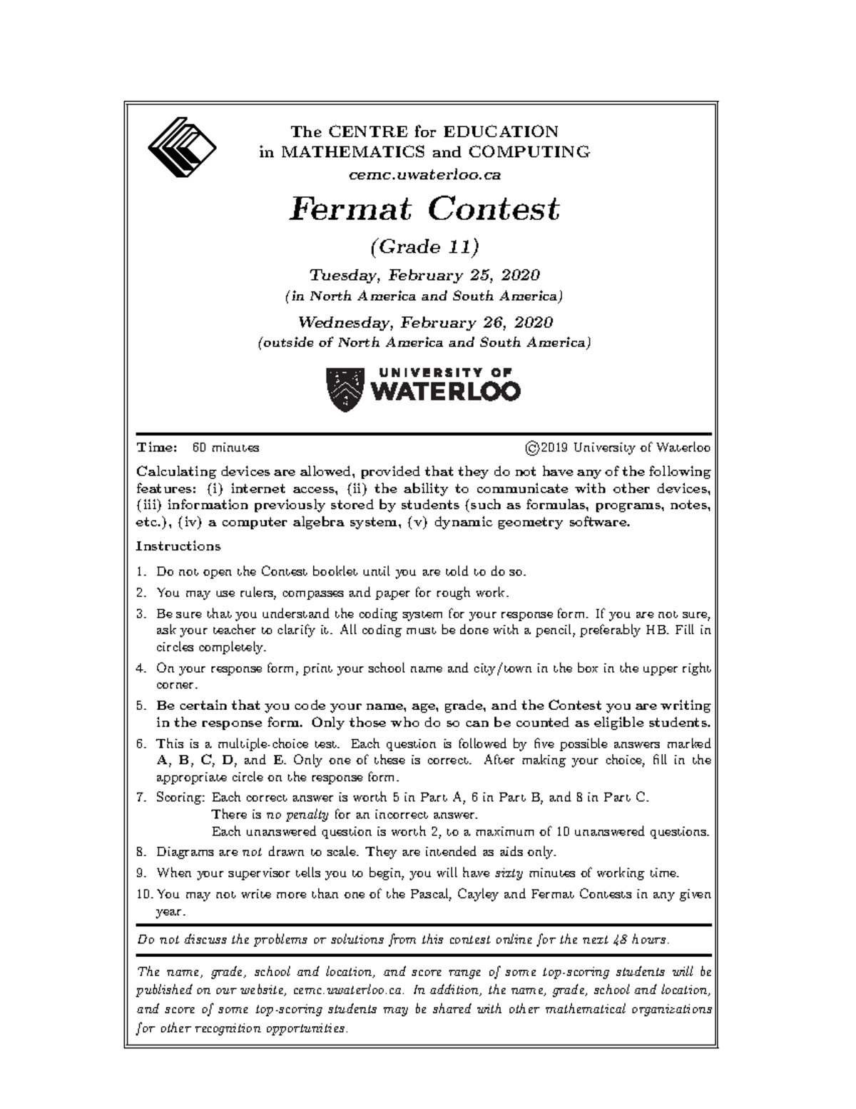 2020Fermat Contest - The CENTRE for EDUCATION in MATHEMATICS and ...