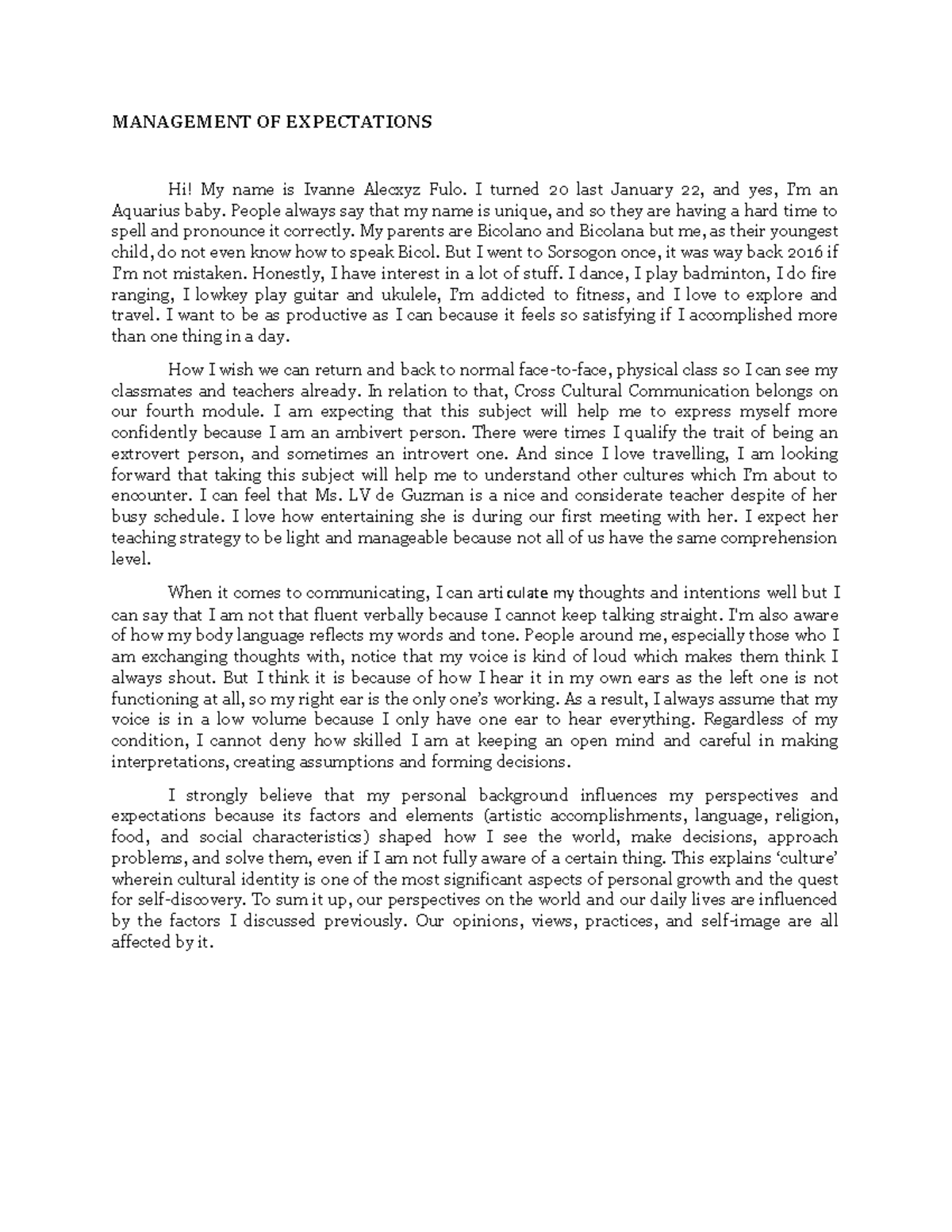 Management OF Expectations Samples - AB Foreign Service - Studocu