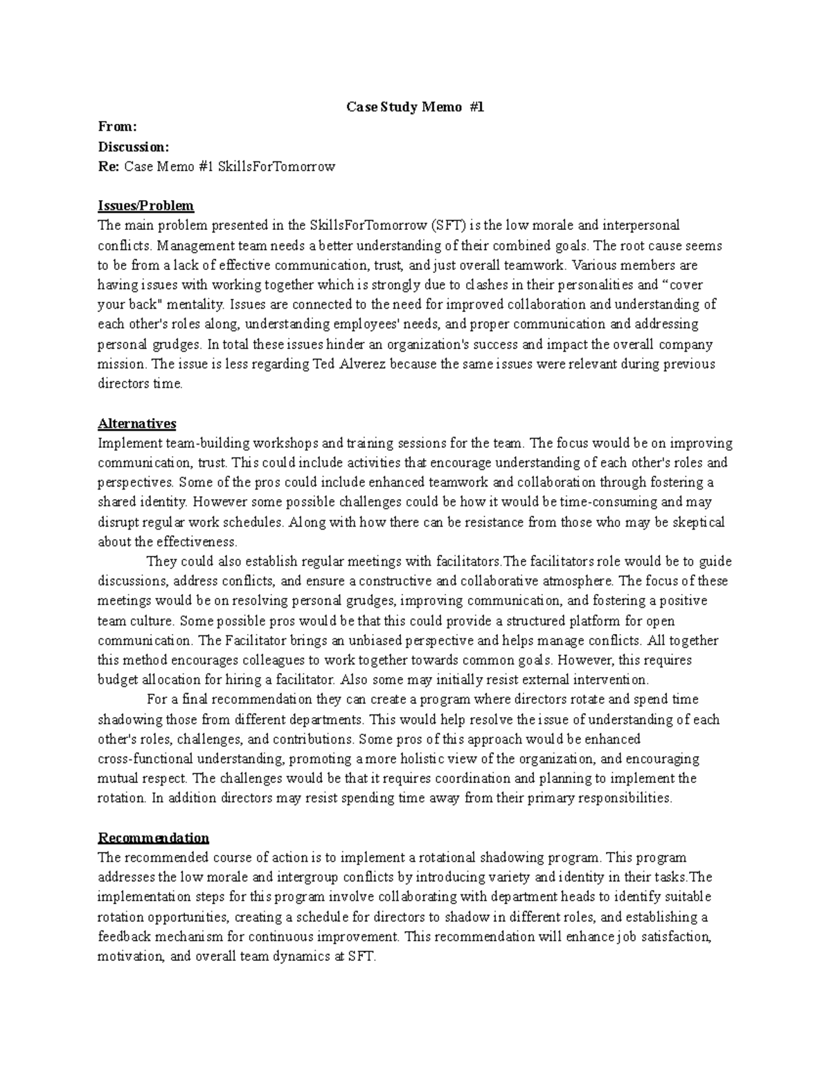 Case Study Memo #1 - SkillsForTomorrow - Case Study Memo # From: Discussion: Re: Case Memo #1 ...