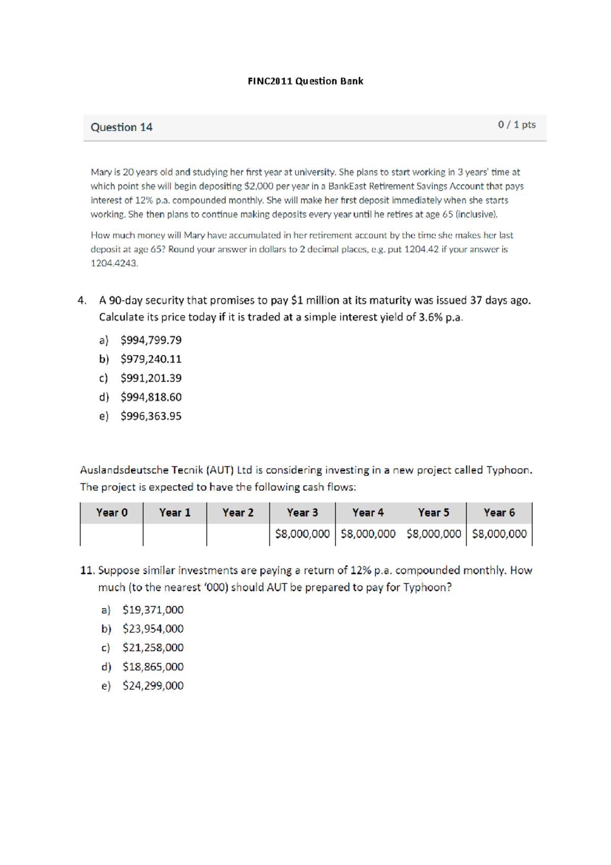 FINC2011 Question Bank Hard questions - FINC2011 - FINC2011 Question ...