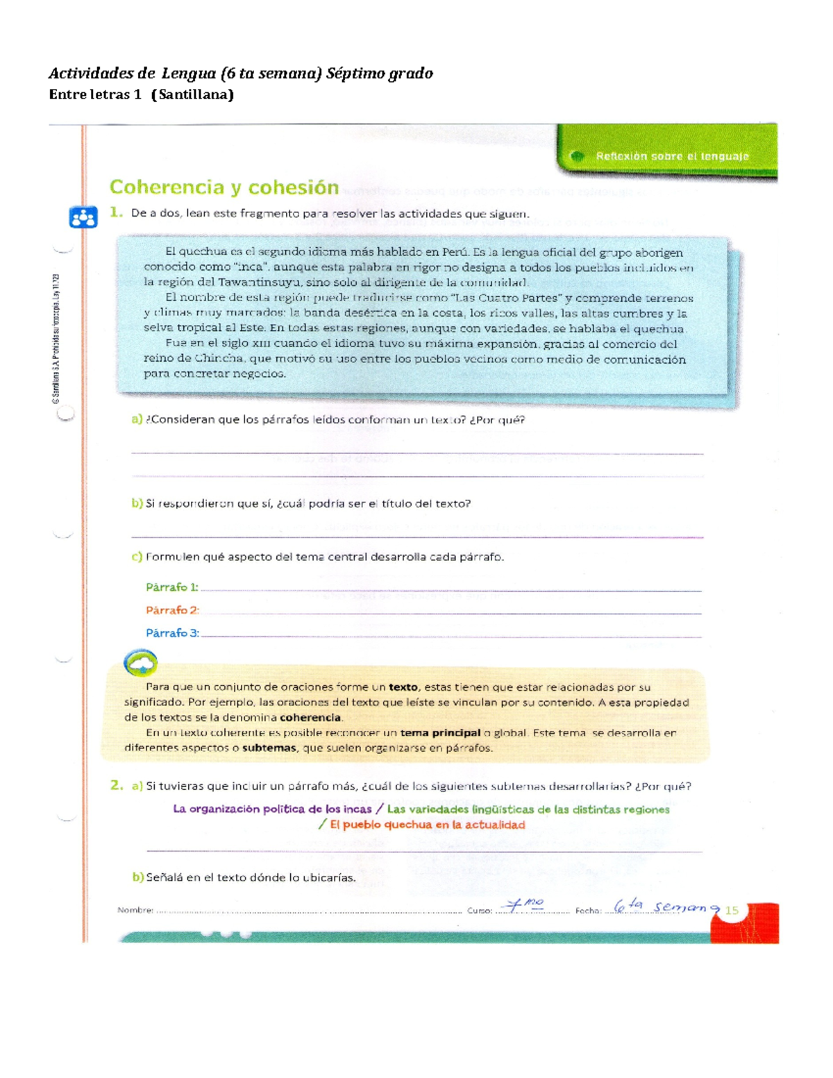 Act len 7 6ta sem - Actividades - Literatura - Actividades de Lengua (6 ...