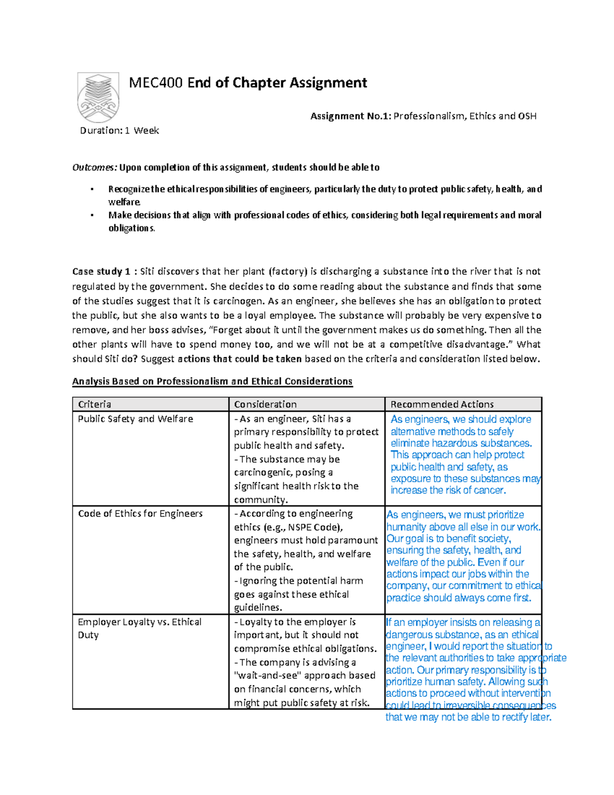 Answer (11 - MEC400/KJM400 Practical Work 4: Engineering solution with ...