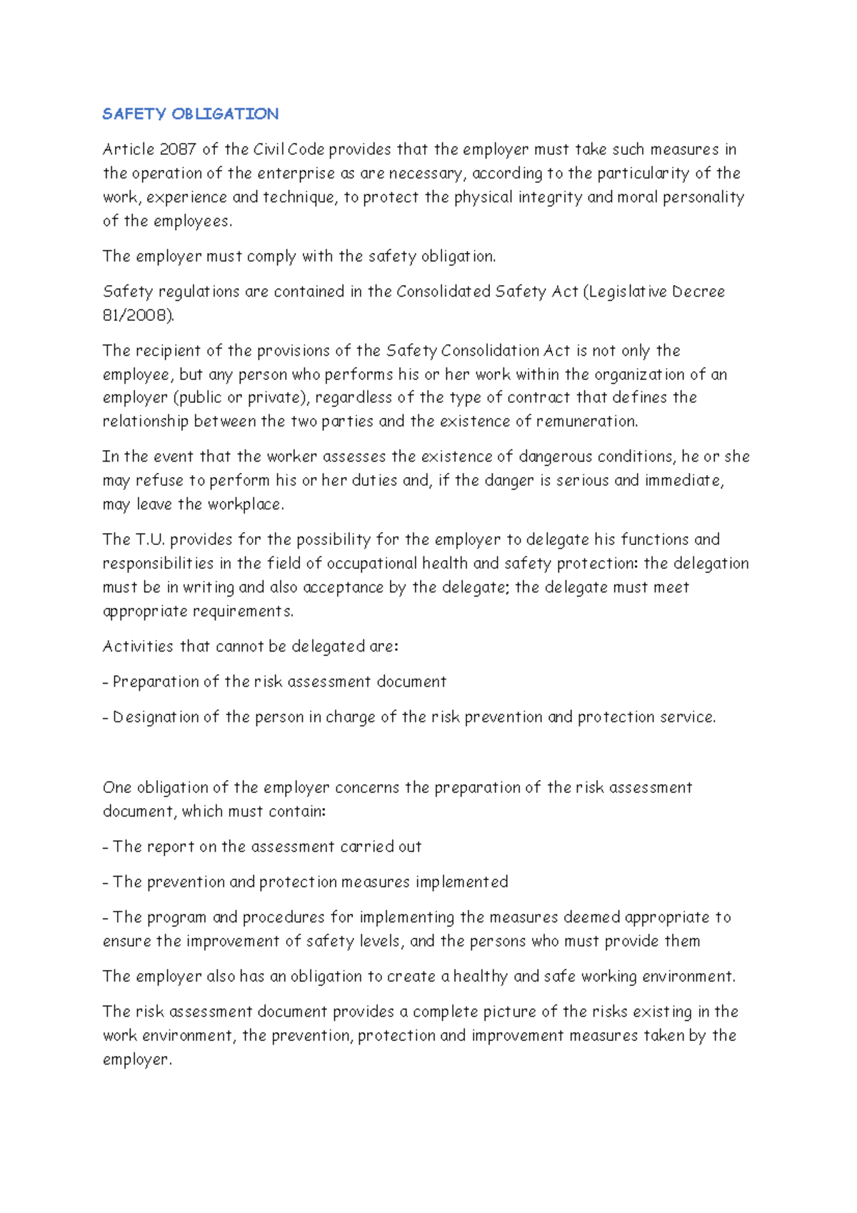 Safety Obligation 9 - Summaries Labor law University of Memphis ...