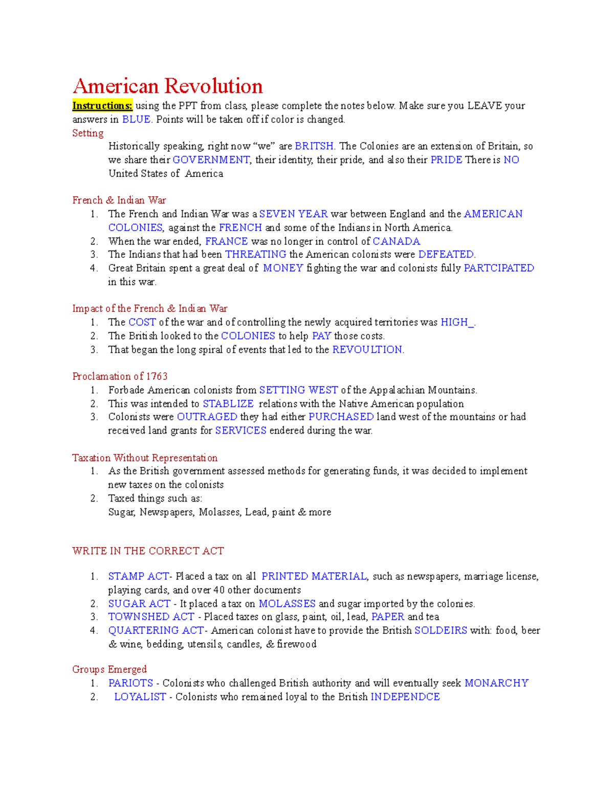 American Revolution Notes - American Revolution Instructions: using the ...