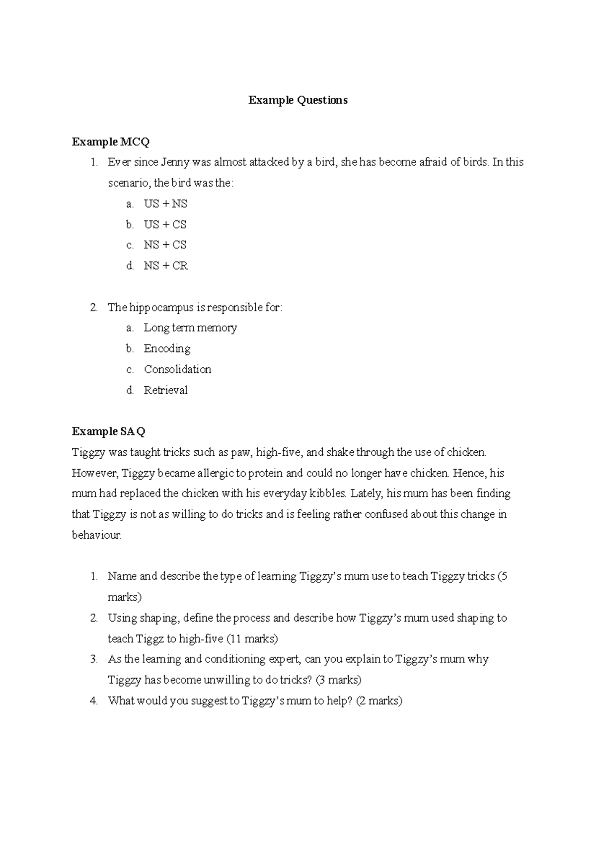 Example Test Questions (LC & Memory) - Example Questions Example MCQ ...