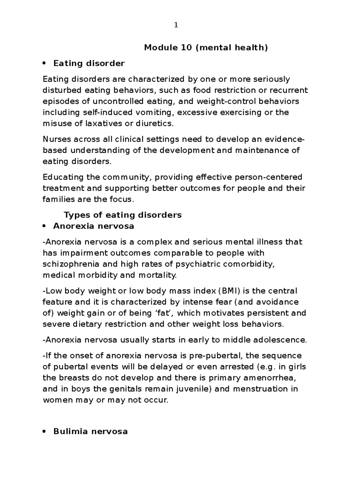 Mental health module 10 - Module 10 (mental health) Eating disorder ...