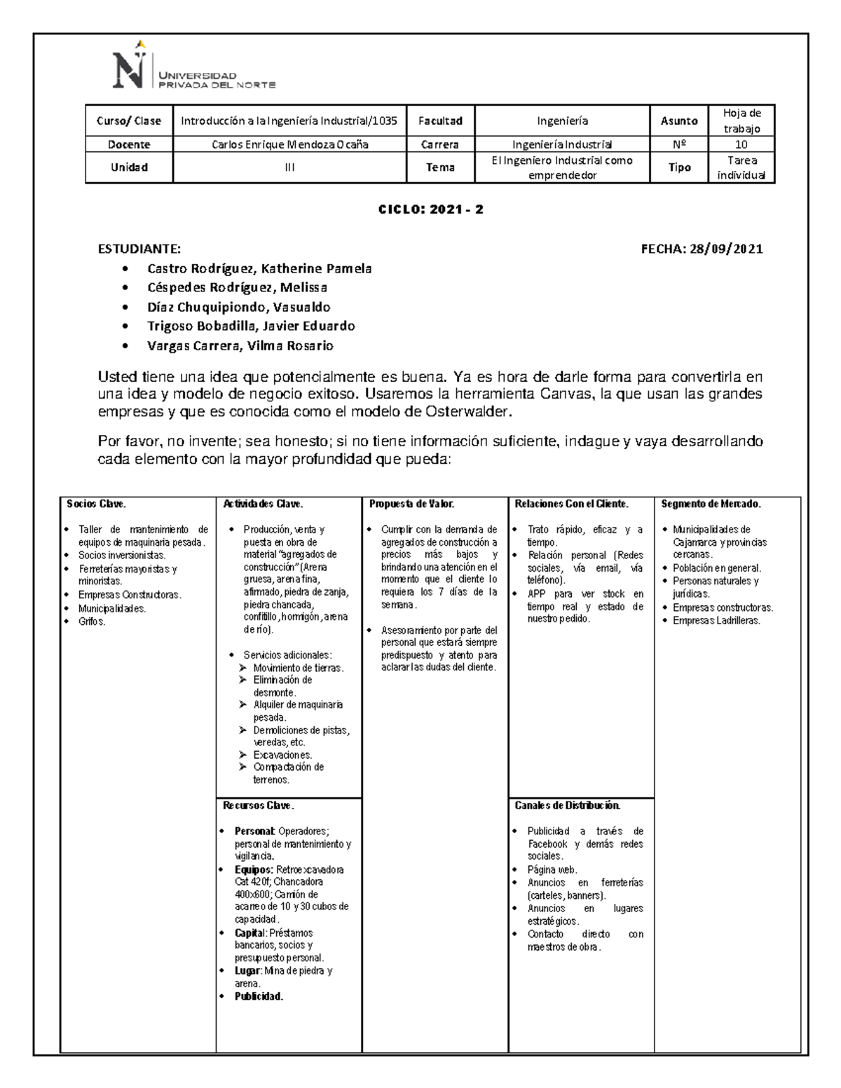HOJA DE Trabajo 10 Semana 7 MOD Canvas 1035 - Curso/ Clase Introducción ...