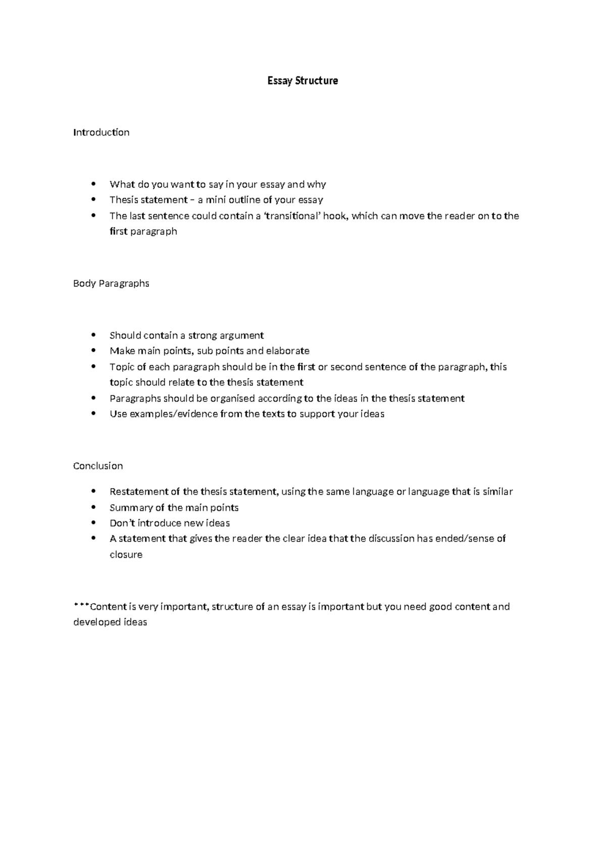 Essay Structure General for Essays - Essay Structure Introduction What ...
