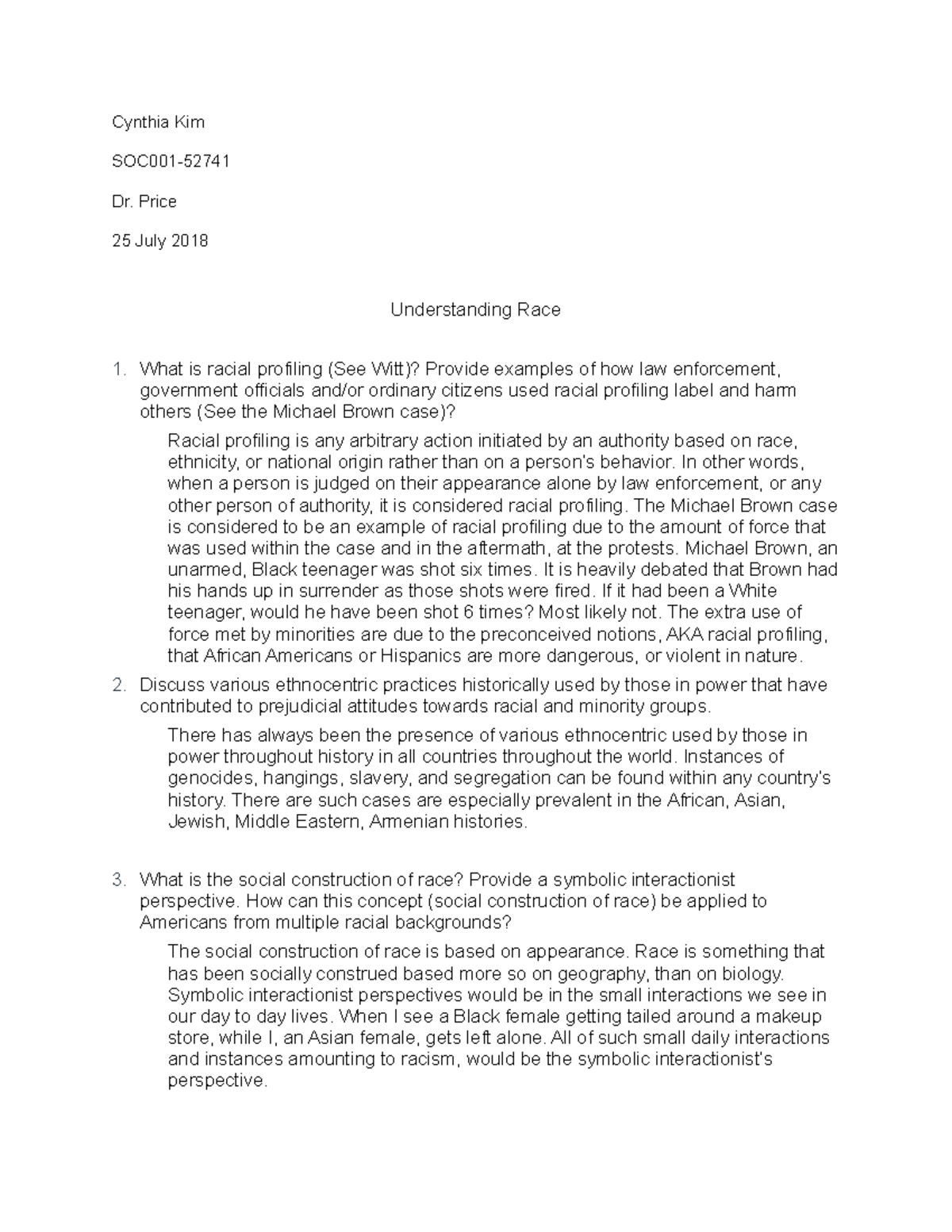 Understanding Race 072518 - Cynthia Kim SOC001- Dr. Price 25 July 2018 ...