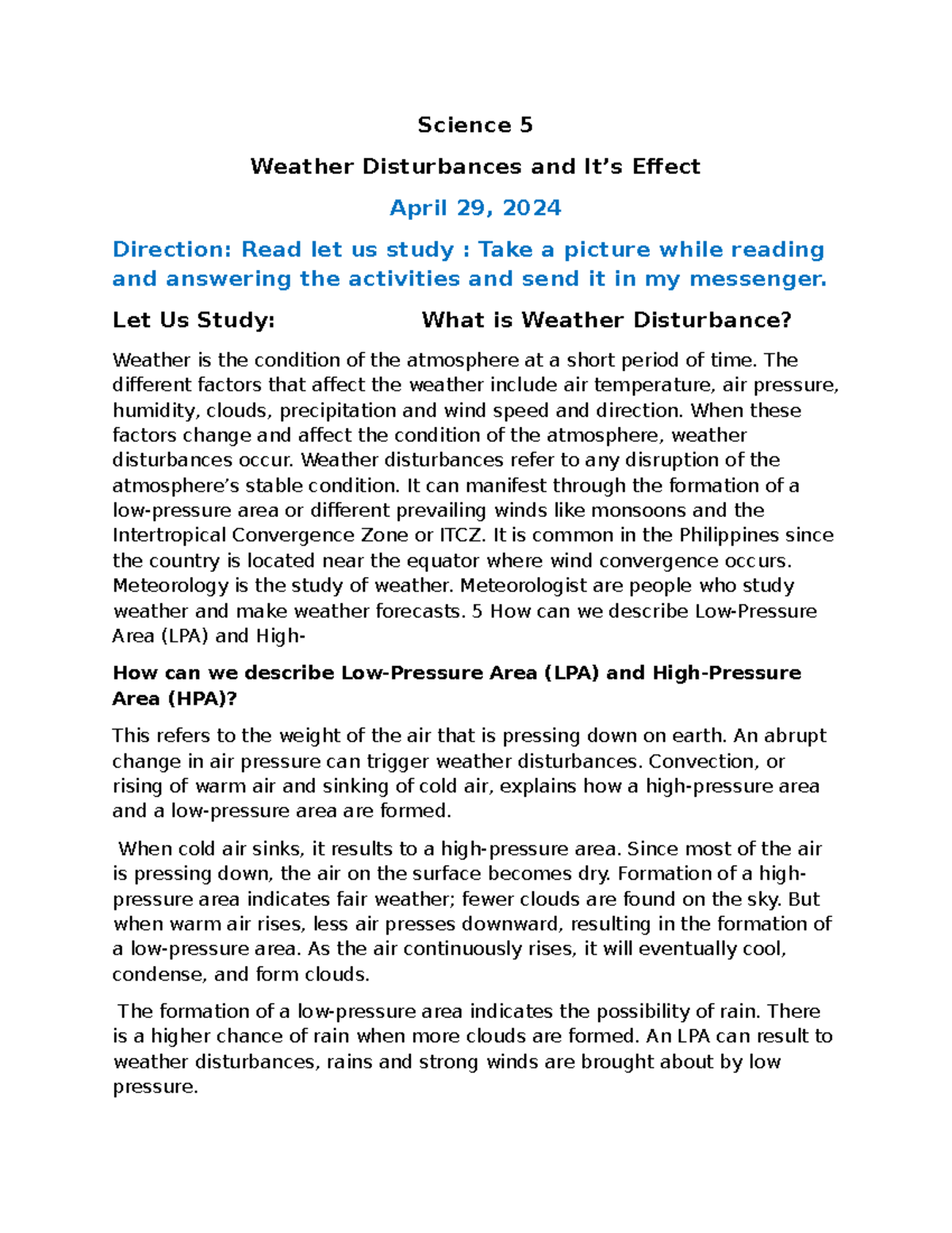 Science 5 Blended Learning Activity - Science 5 Weather Disturbances ...