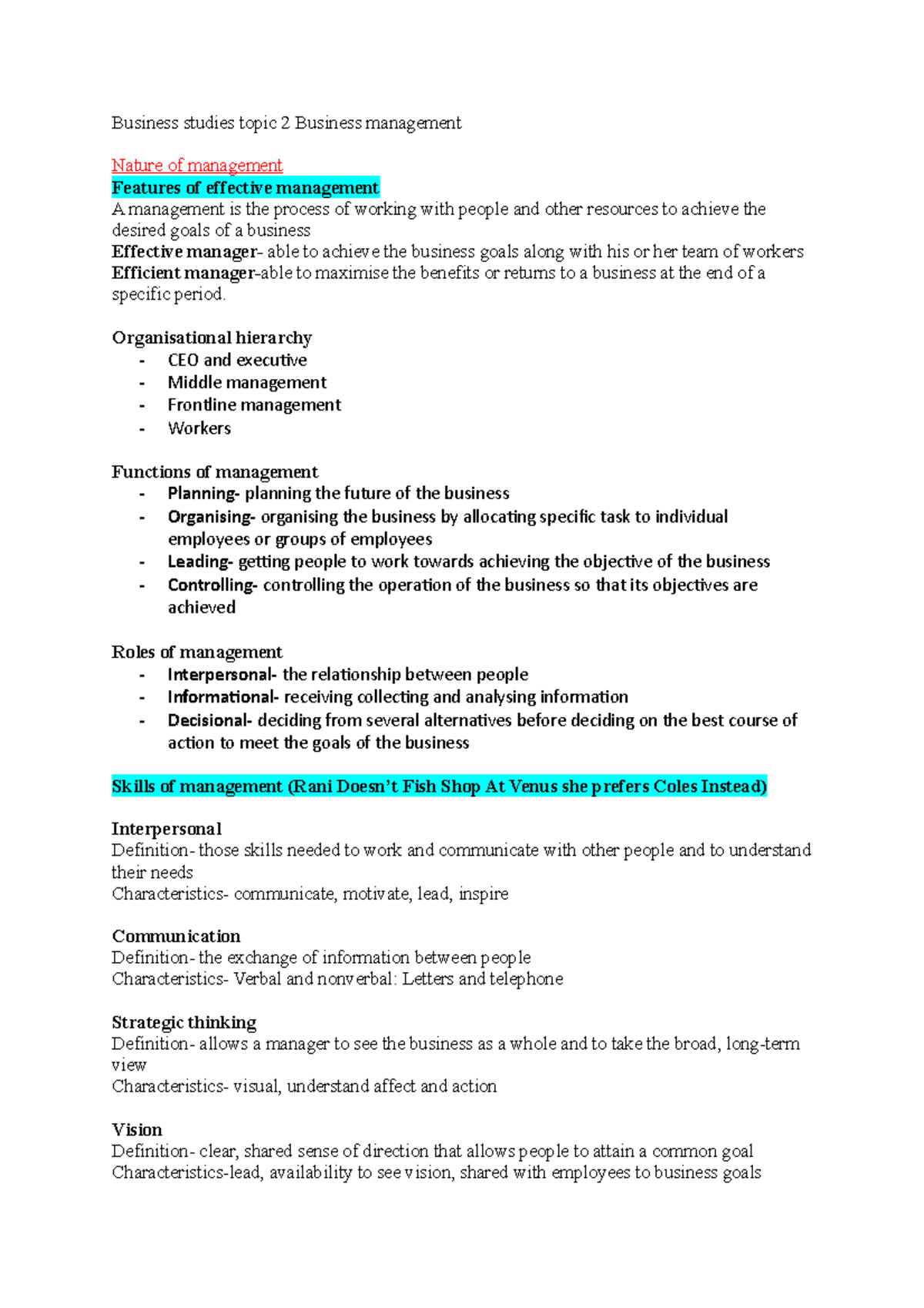 Business studies topic 2 Business management - Business studies topic 2 ...