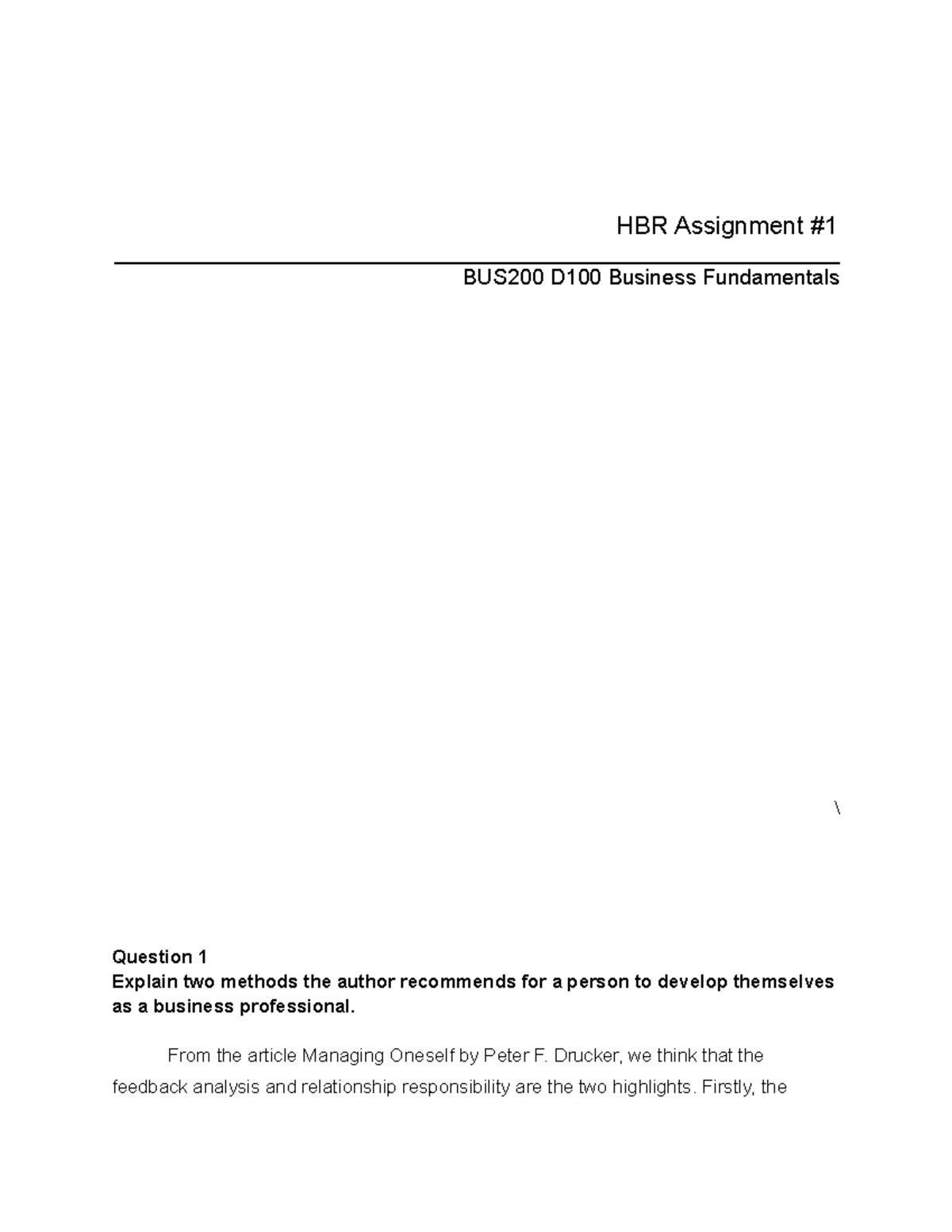 BUS 200 HBR #1 - group assignment - HBR Assignment - Studocu