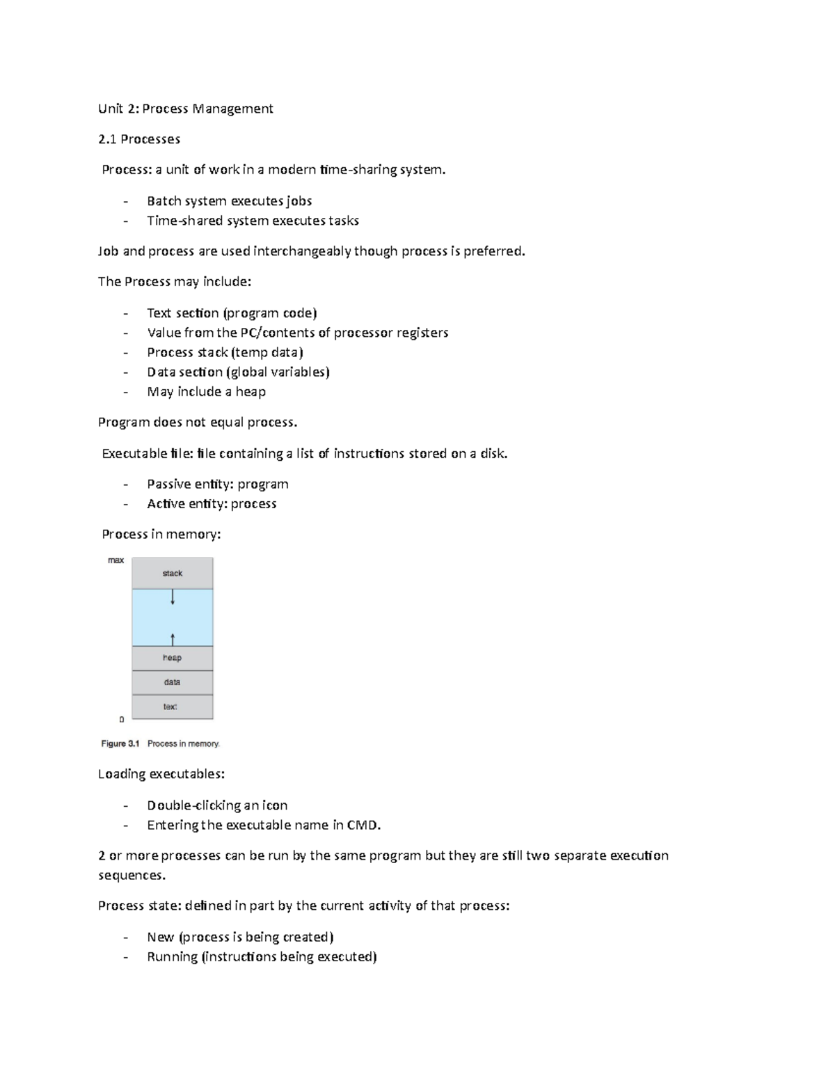 Unit 2 - Lecture 2 - Unit 2: Process Management 2 Processes Process: a ...