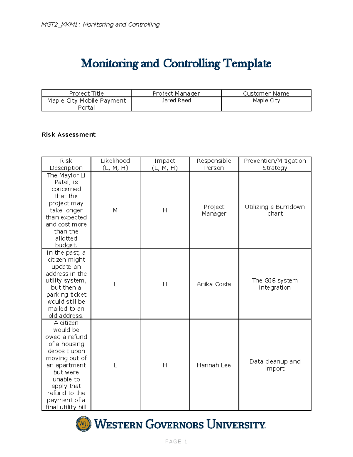 Jared Reed Monitoring and Controlling Template - MGT2_KKM1: Monitoring ...
