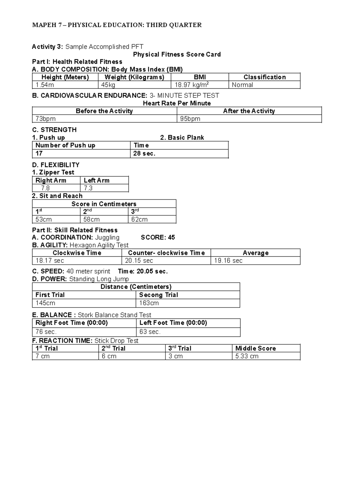 Mapeh & Fitness Test - MAPEH 7 – PHYSICAL EDUCATION: THIRD QUARTER ...