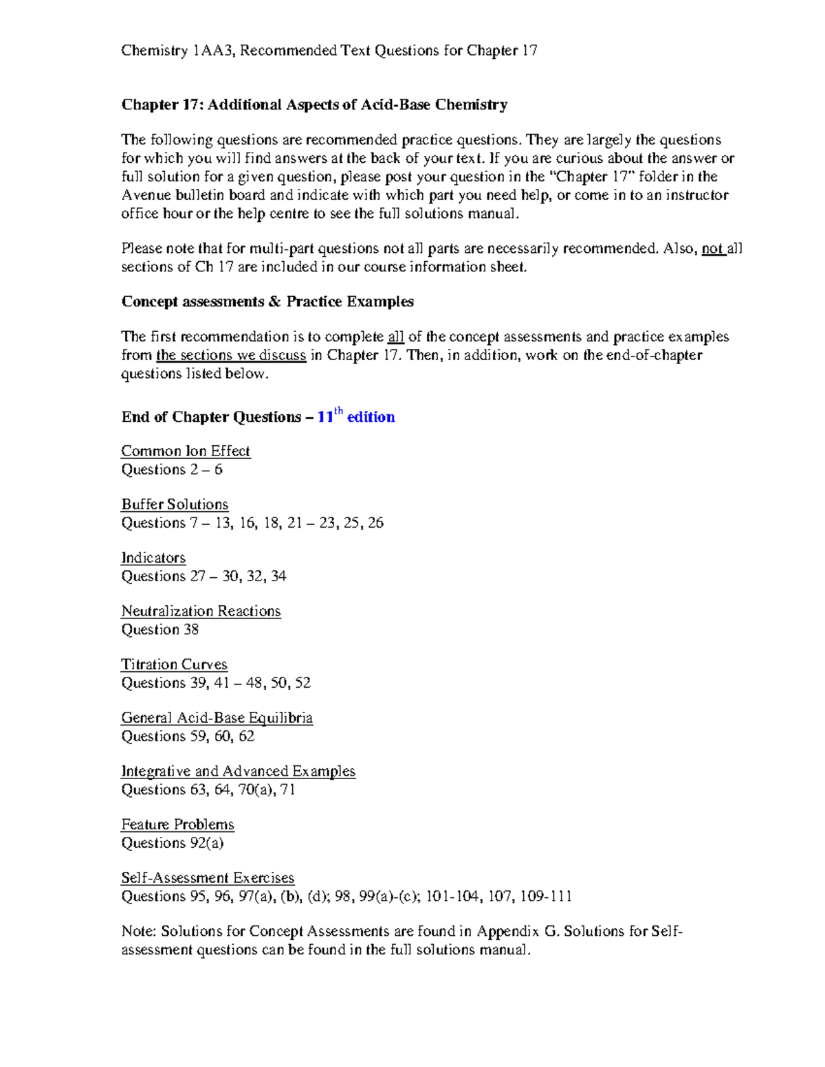 1aa3-2017-recommended questions-Ch17 1 - Chemistry 1AA3, Recommended ...
