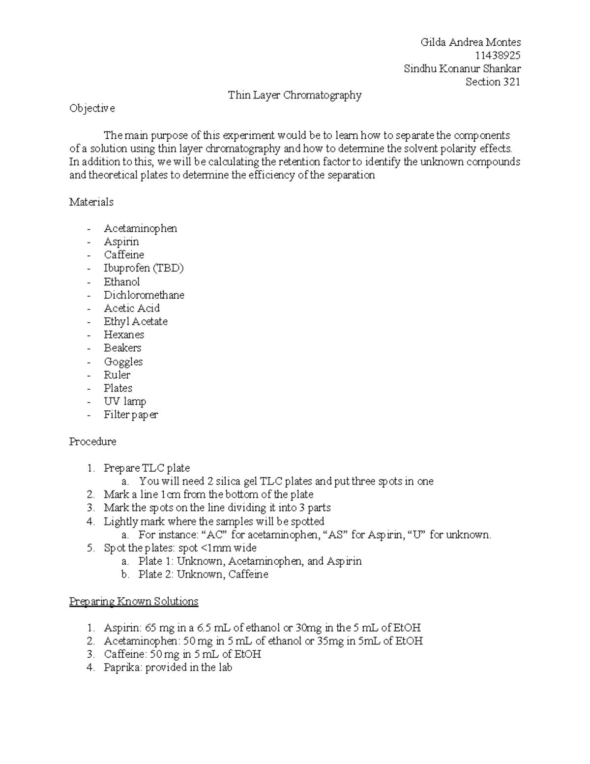 Thin Layer Chromatography - 11438925 Sindhu Konanur Shankar Section 321 ...