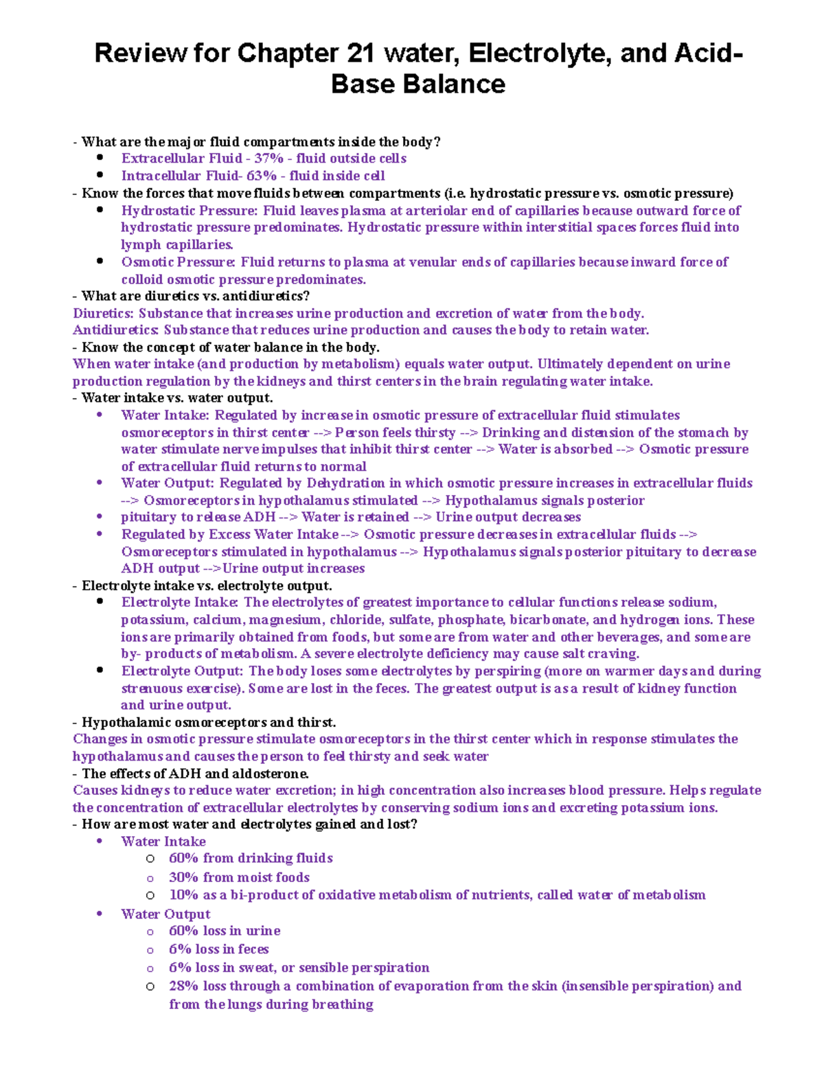 BIO 116 117 118 Exam Review Chapter 21 Water Electrolyte and Acid Base ...