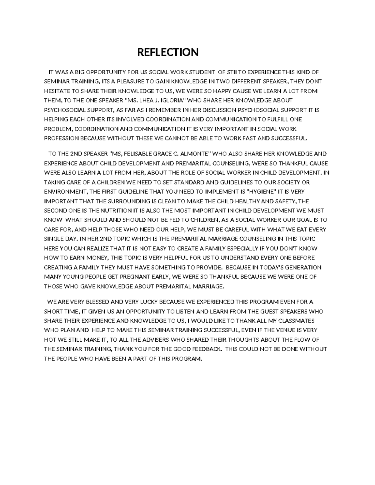 Reflection - REFLECTION IT WAS A BIG OPPORTUNITY FOR US SOCIAL WORK ...