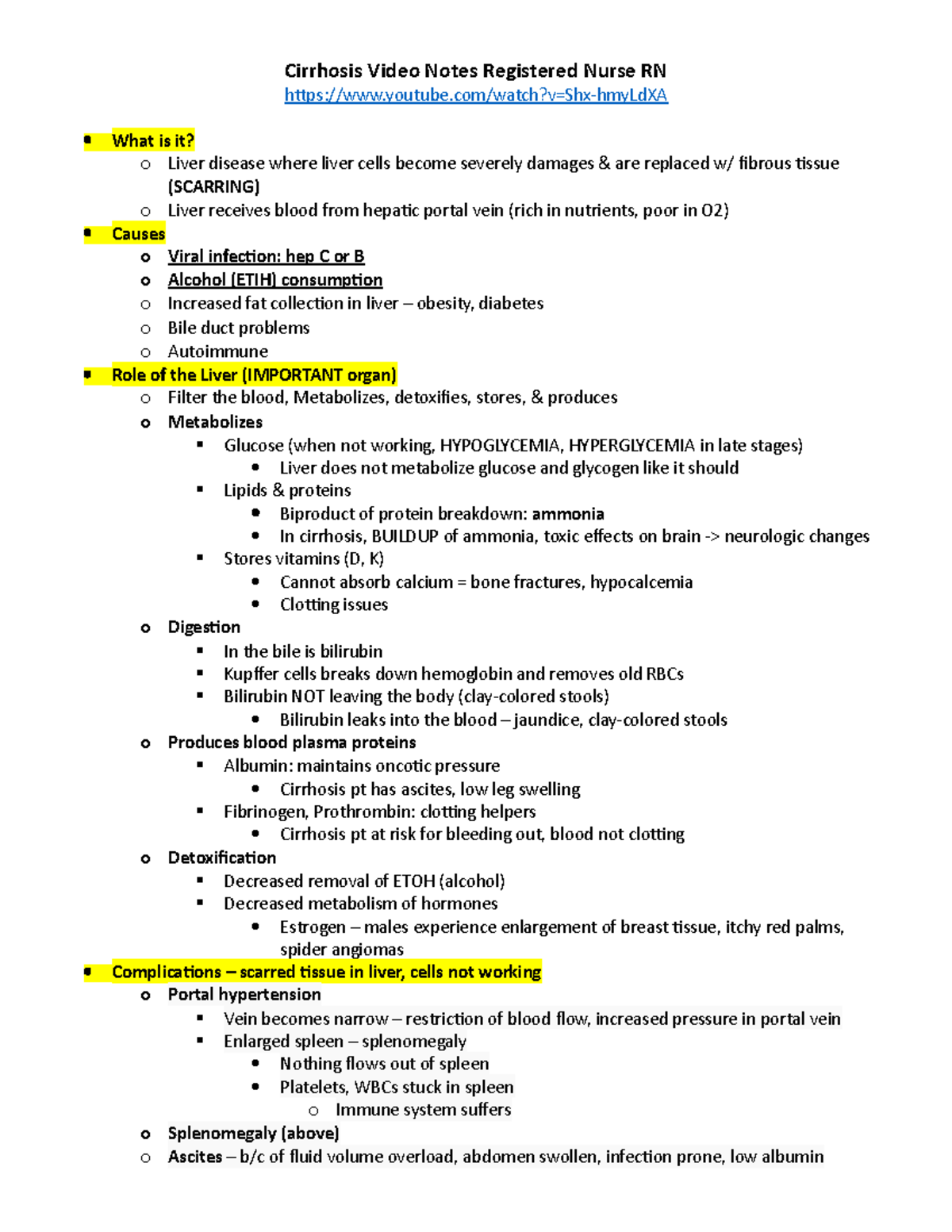 Cirrhosis Video Notes - Studocu