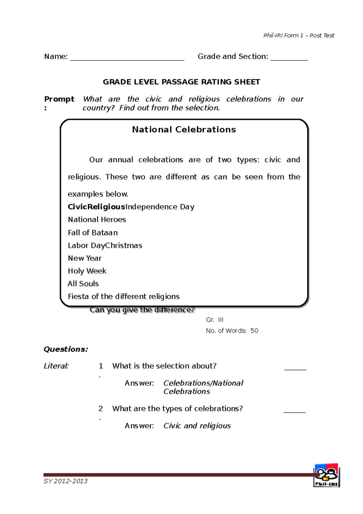 Grade 3. National Celebrations - Name ...