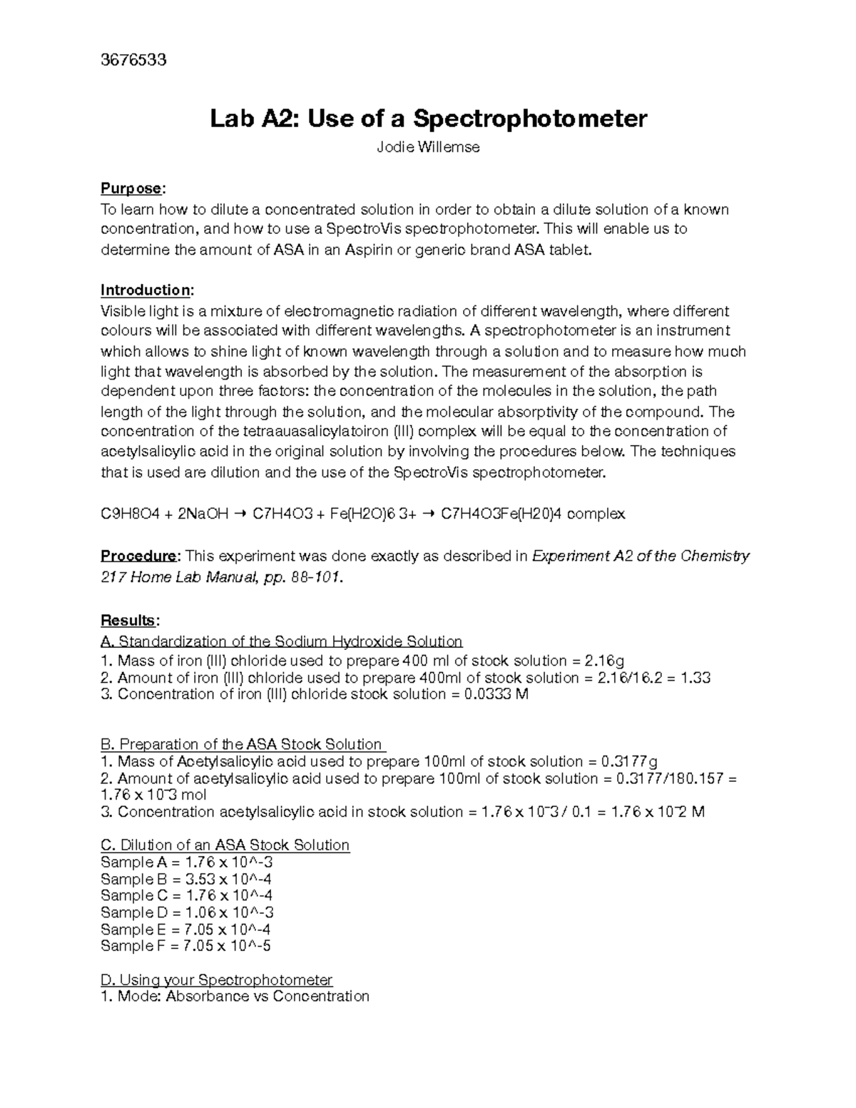 Lab A2 - 65% - 3676533 Lab A2: Use of a Spectrophotometer Jodie ...