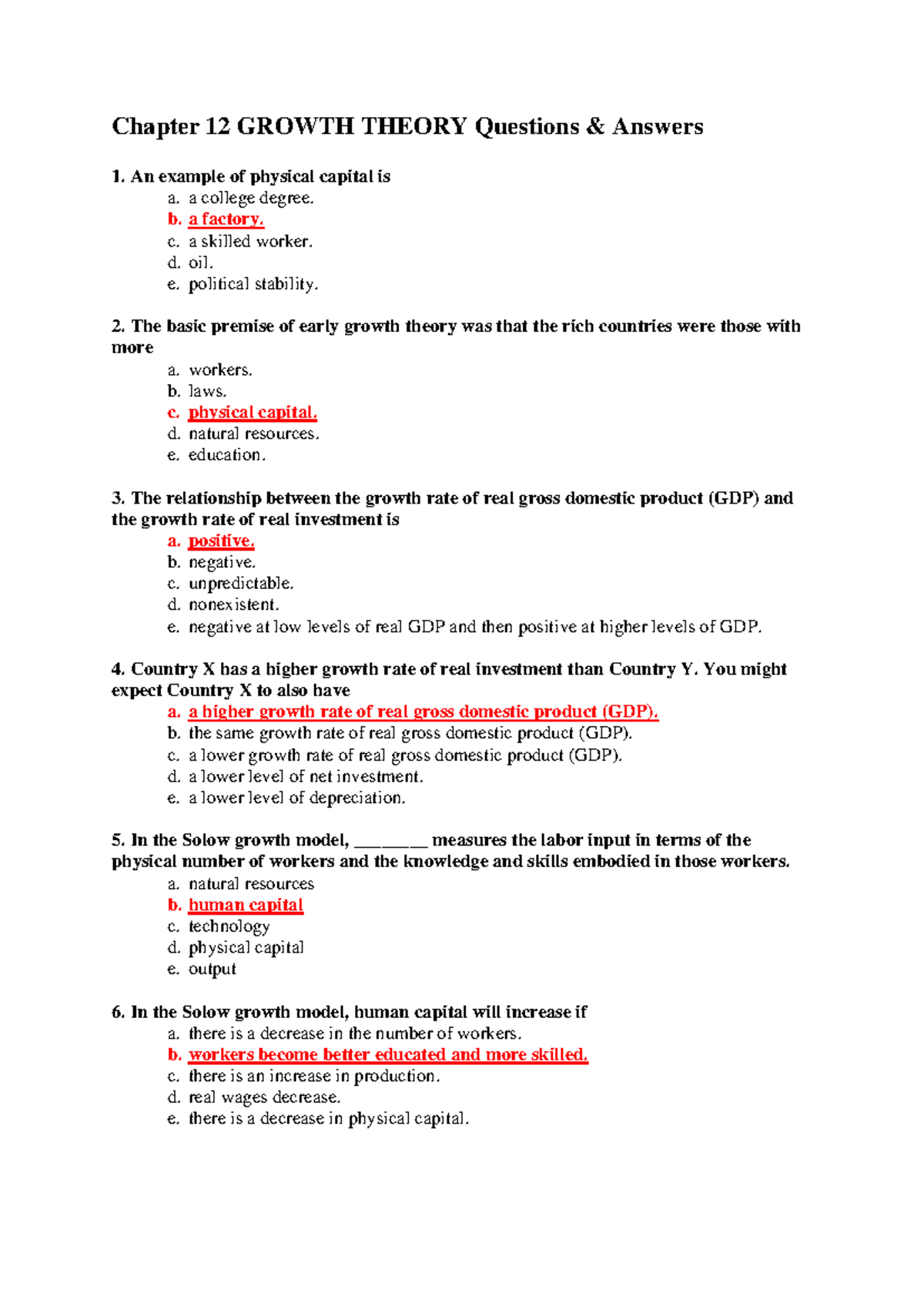 Chapter 12 Growth Theory Sample Exam Questions and Answers - Chapter 12 ...