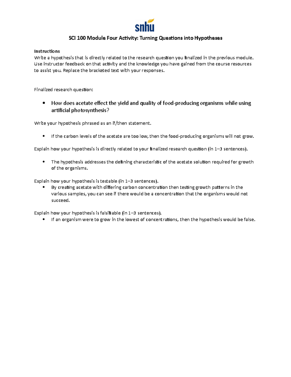 SCI 100 Module Four Activity - Use instructor feedback on that activity ...