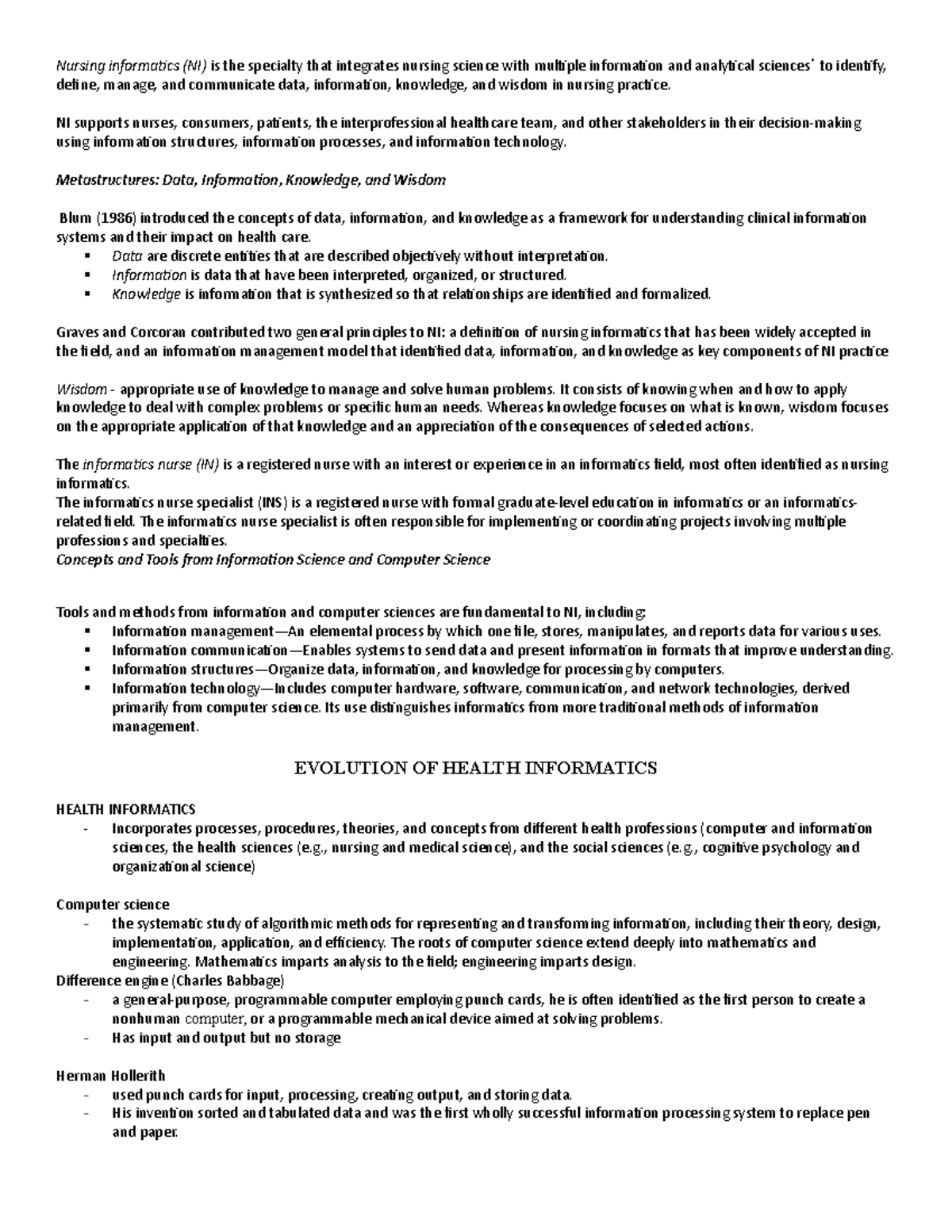 Foundation of Nursing Informatics Notes - Nursing informatics (NI) is ...