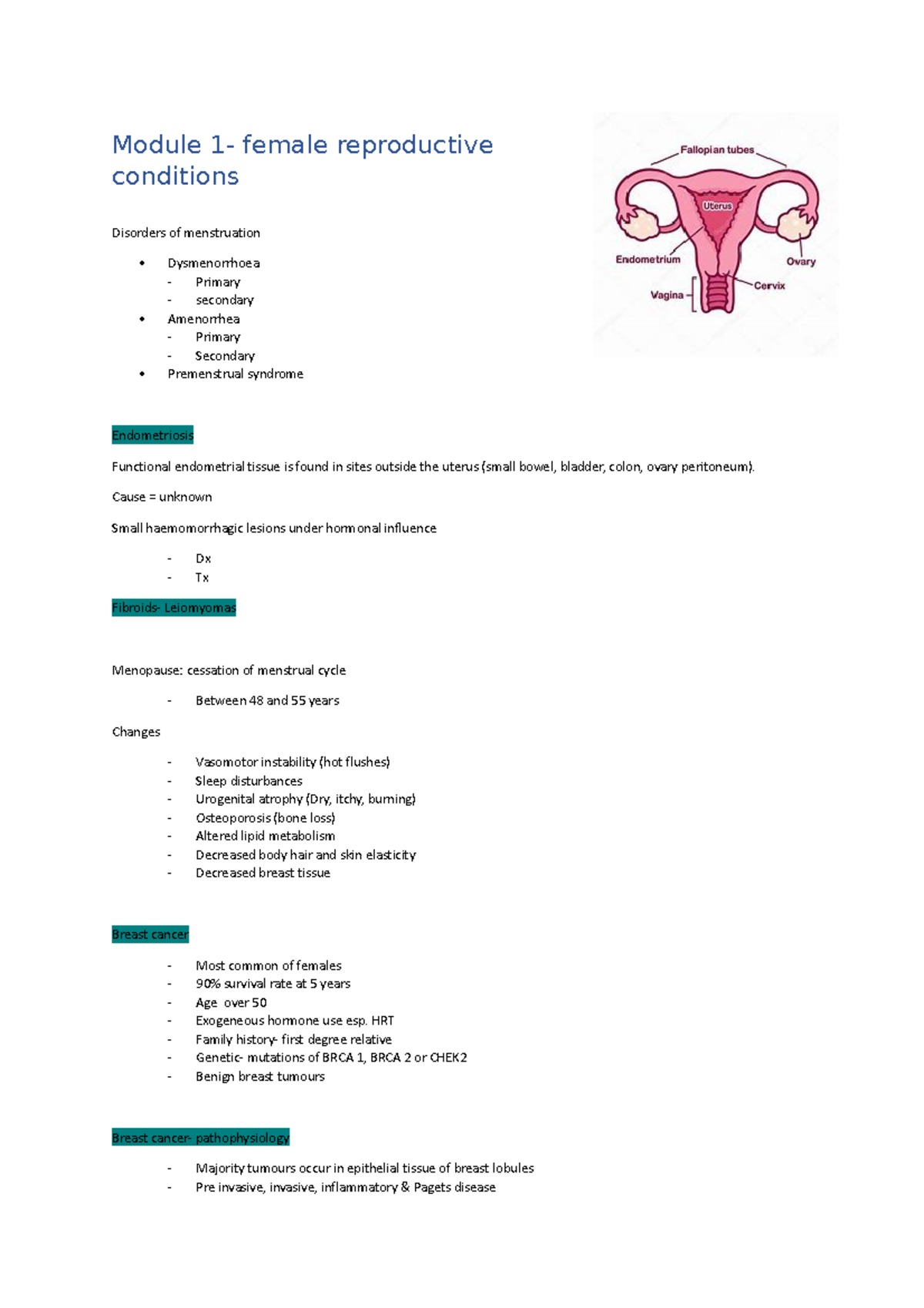 Adult health care notes - Module 1- female reproductive conditions ...