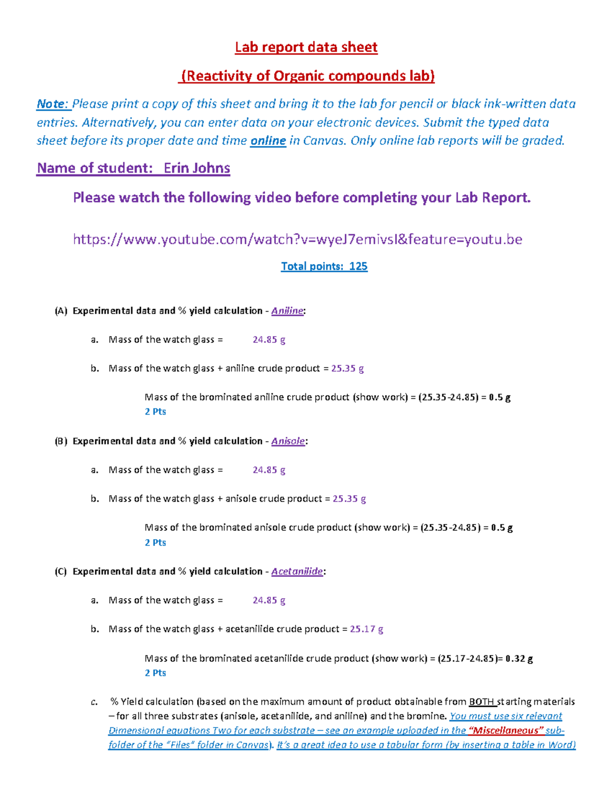 Final lab Report - Lab report data sheet (Reactivity of Organic compounds lab) Note: Please ...