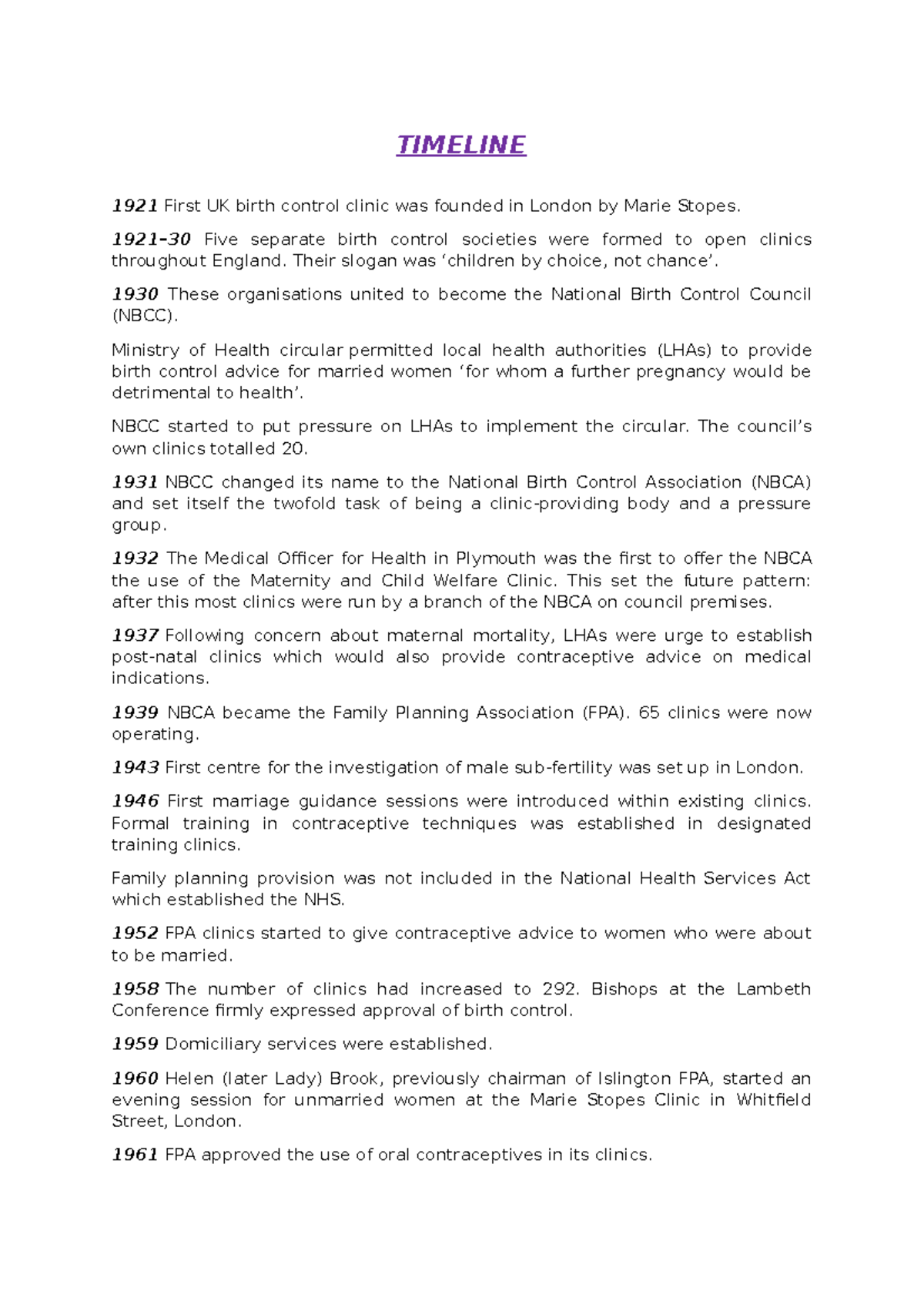 Timeline of History of Reproductive health Policies - TIMELINE 1921 ...