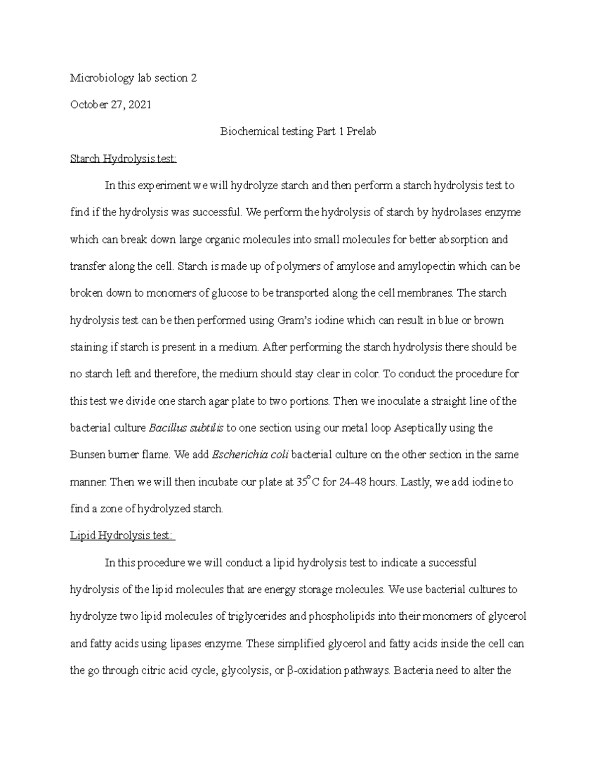 Biochemical testing Part 1 Prelab - Microbiology lab section 2 October ...