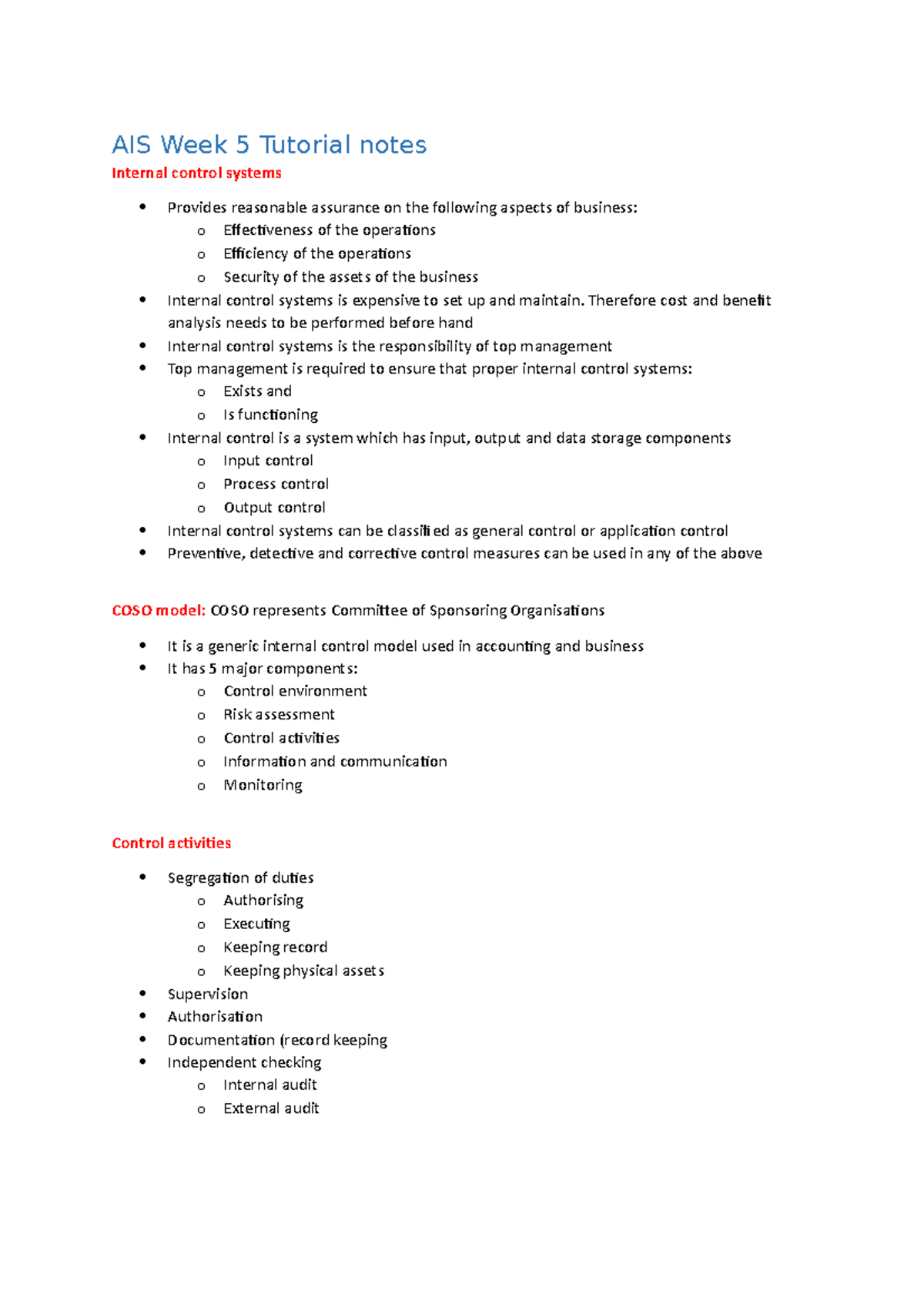 AIS Week 5 Tutorial notes - AIS Week 5 Tutorial notes Internal control ...