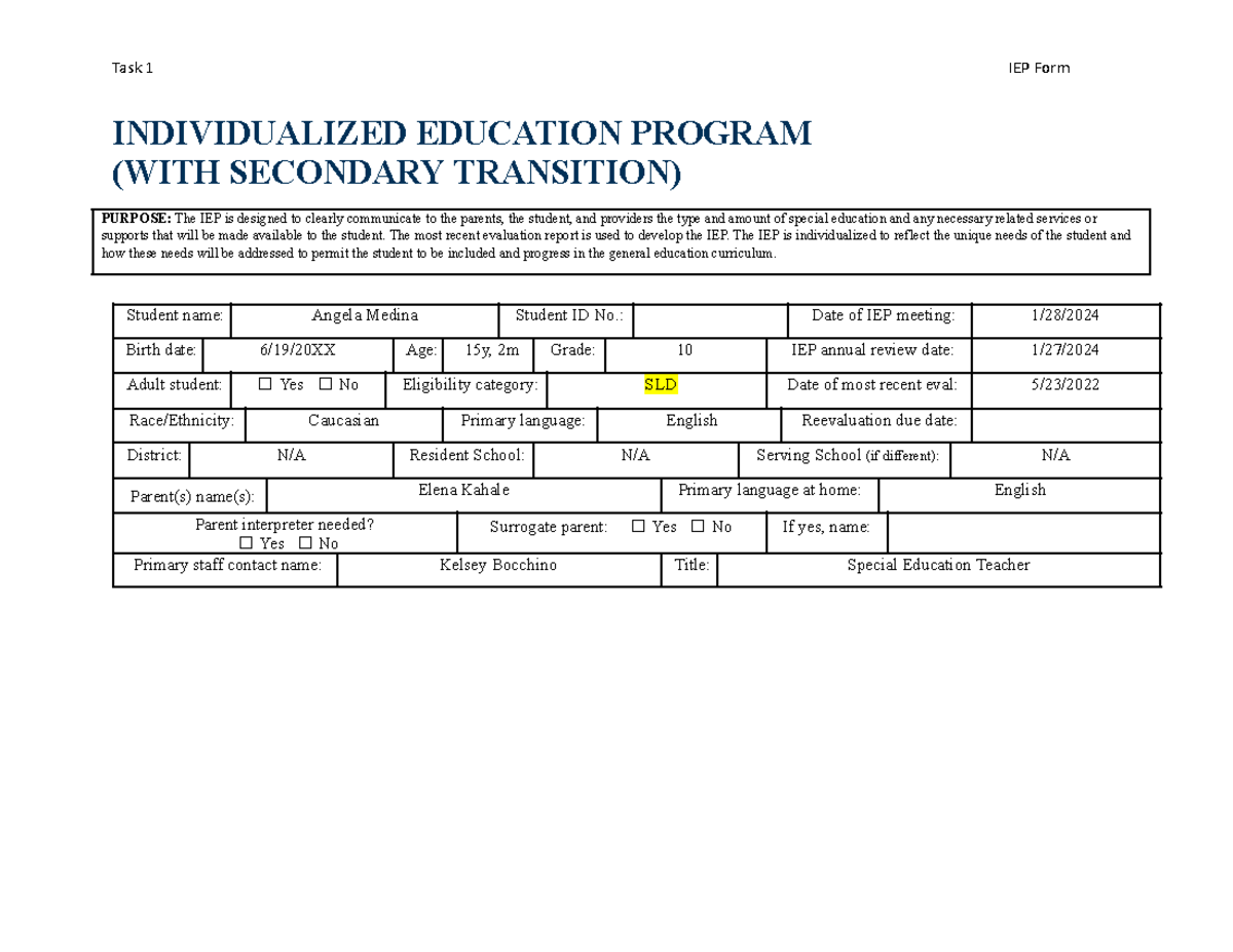 IEP Form - INDIVIDUALIZED EDUCATION PROGRAM (WITH SECONDARY TRANSITION ...